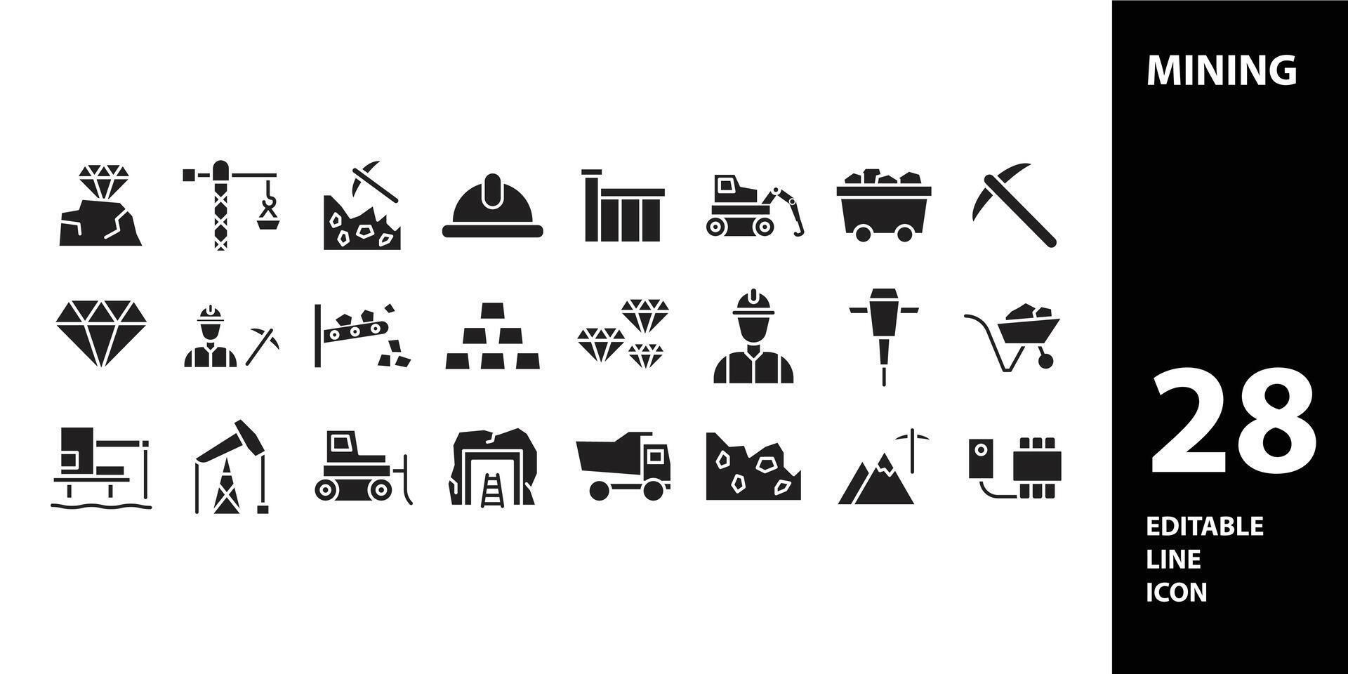 Mining, icon set. Extraction of minerals in the mine and surface, linear icons. Line with ...
