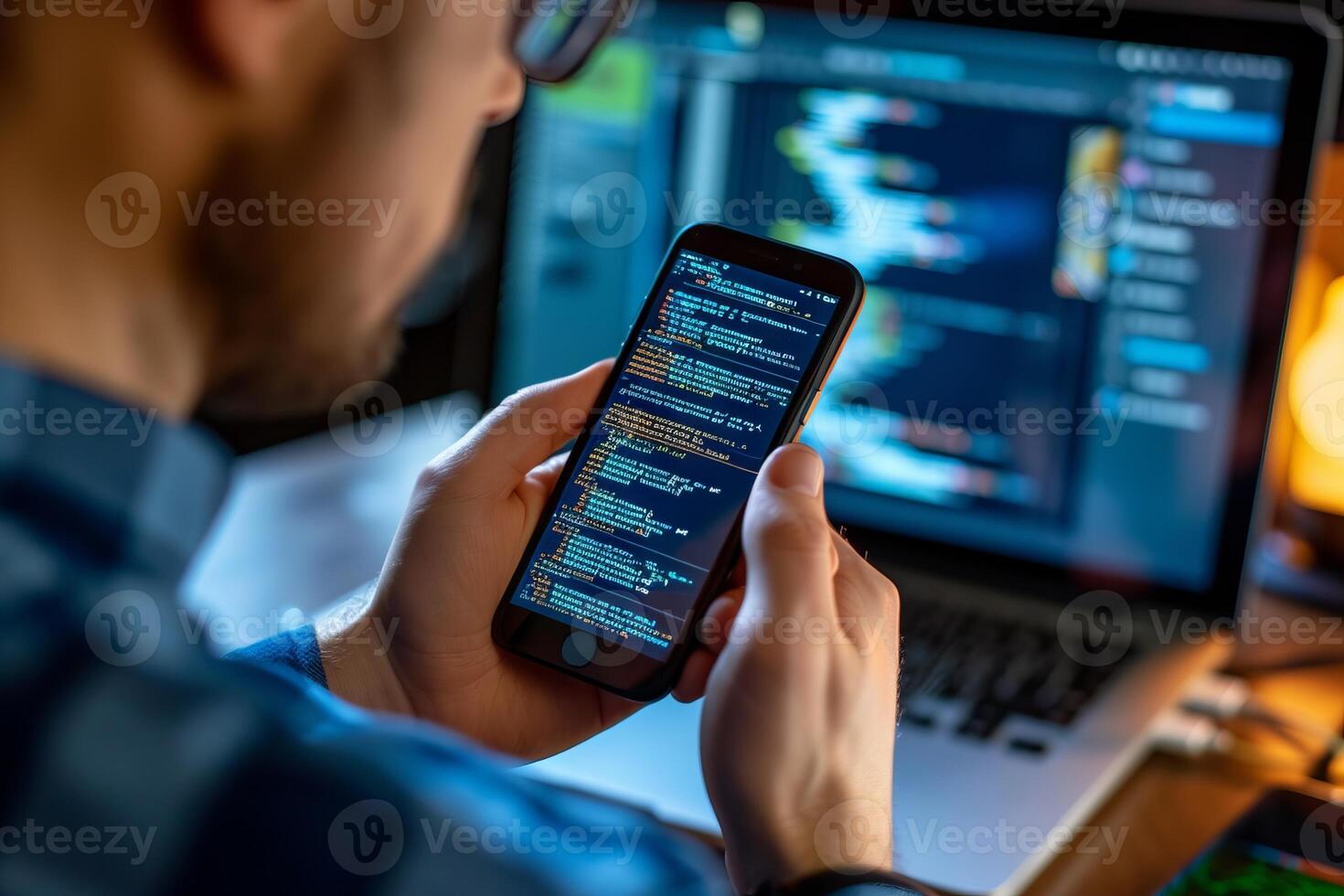 AI Generated Programmer reviewing code on smartphone. Generative AI ...