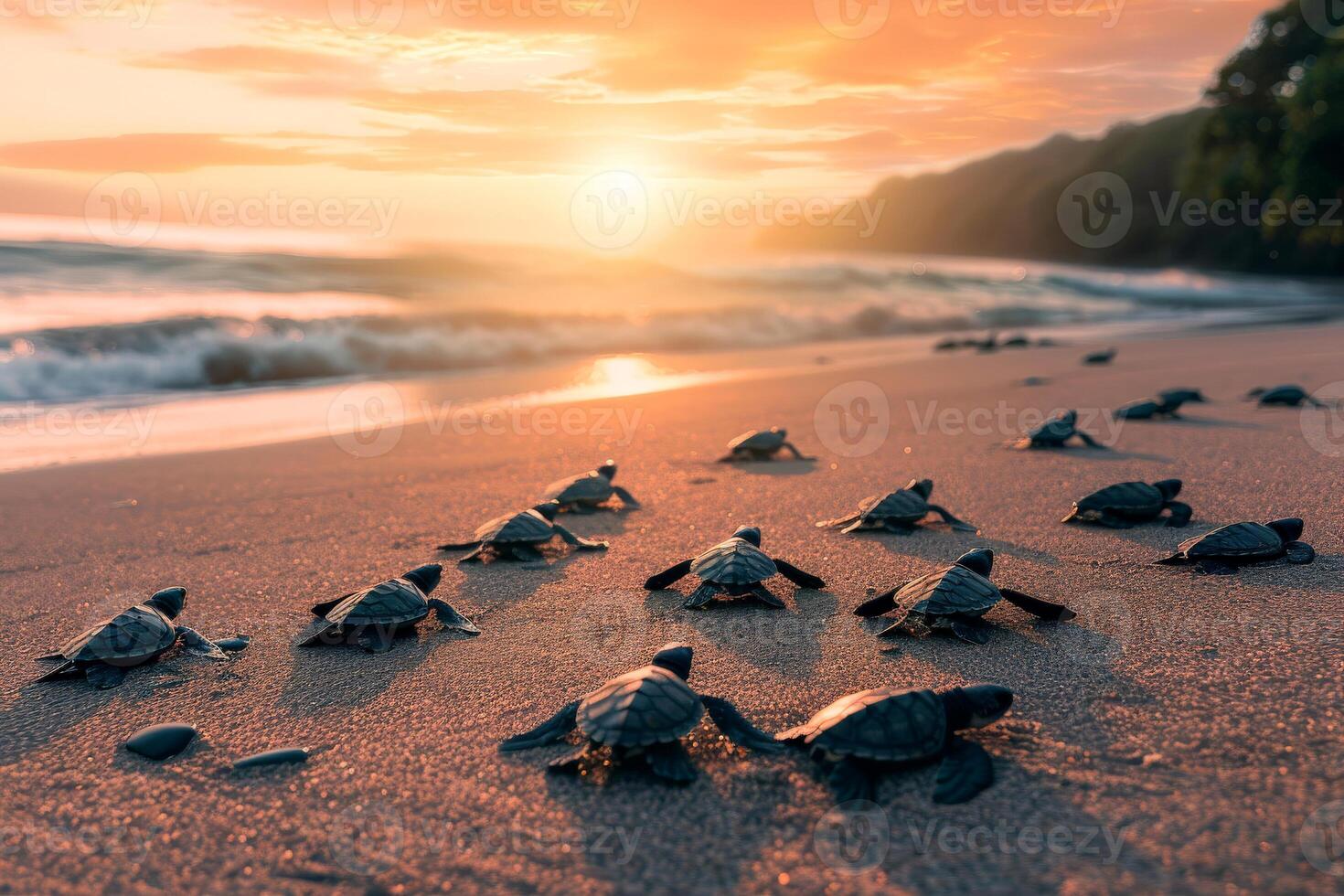 AI generated baby turtles on the sandy beach and crawl to the ocean ...
