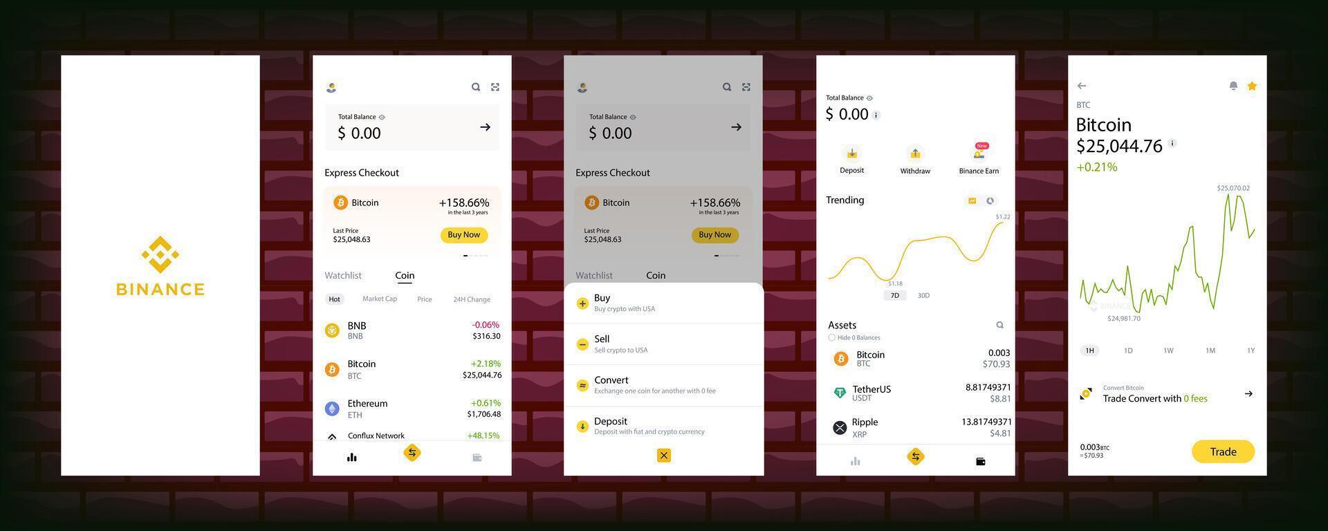 Binance interface. Screenshots of a crypto exchange for trading tokens. Cryptocurrency logo. A ...