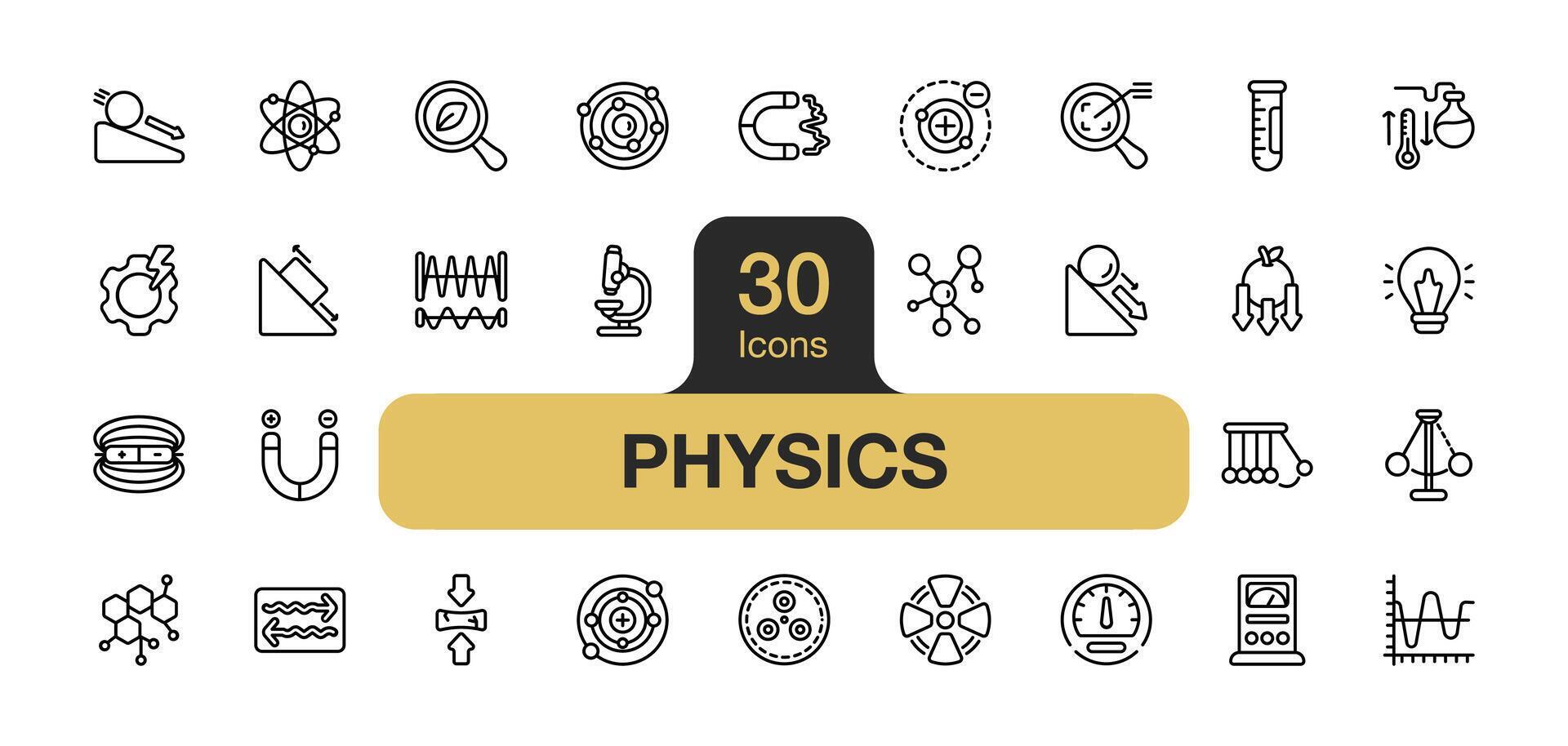 Set of 30 Physics icon element sets. Includes Atom, Molecule, Electron ...