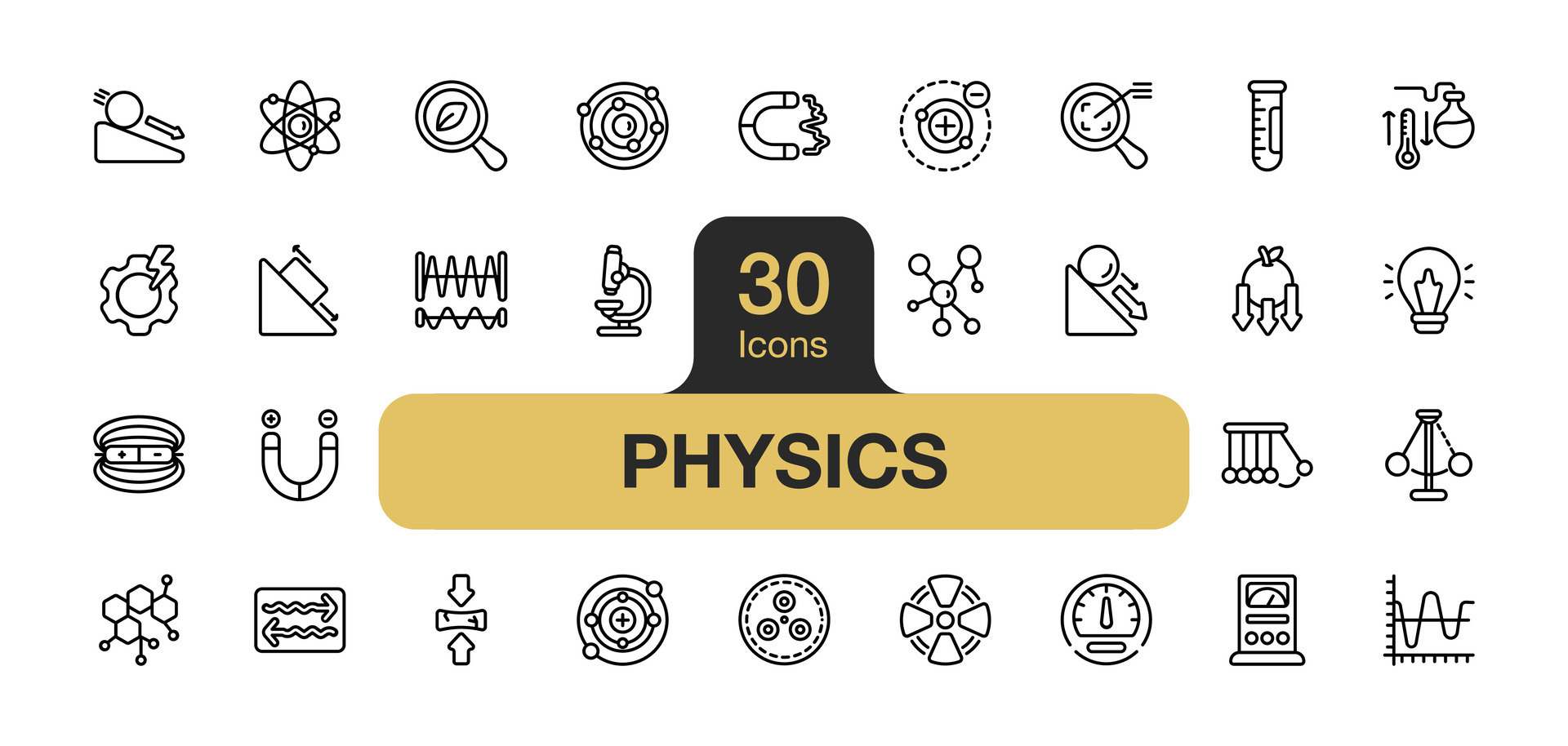 Set of 30 Physics icon element sets. Includes Atom, Molecule, Electron, Proton, Photon, Quark ...