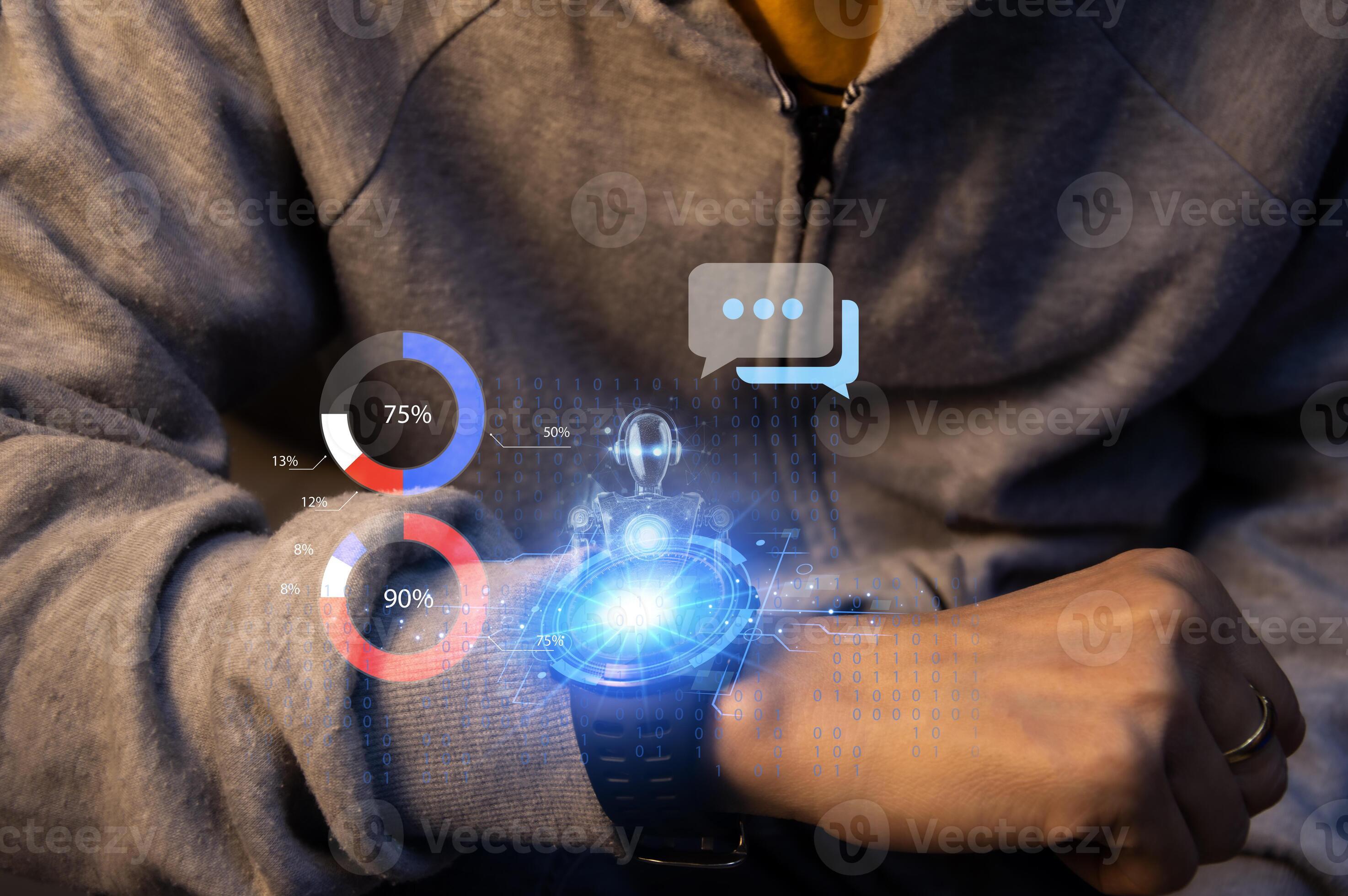 ITECH businessman shows graphics as if the world wide internet is connected to AI, artificial ...