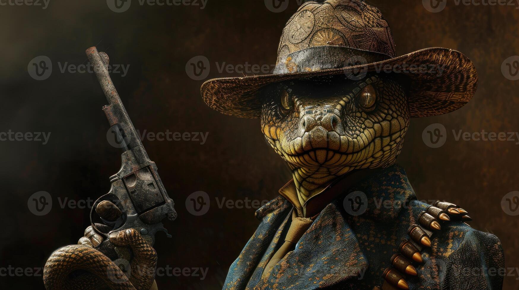 AI generated snake in a stylish hat brandishes a firearm confidently ...