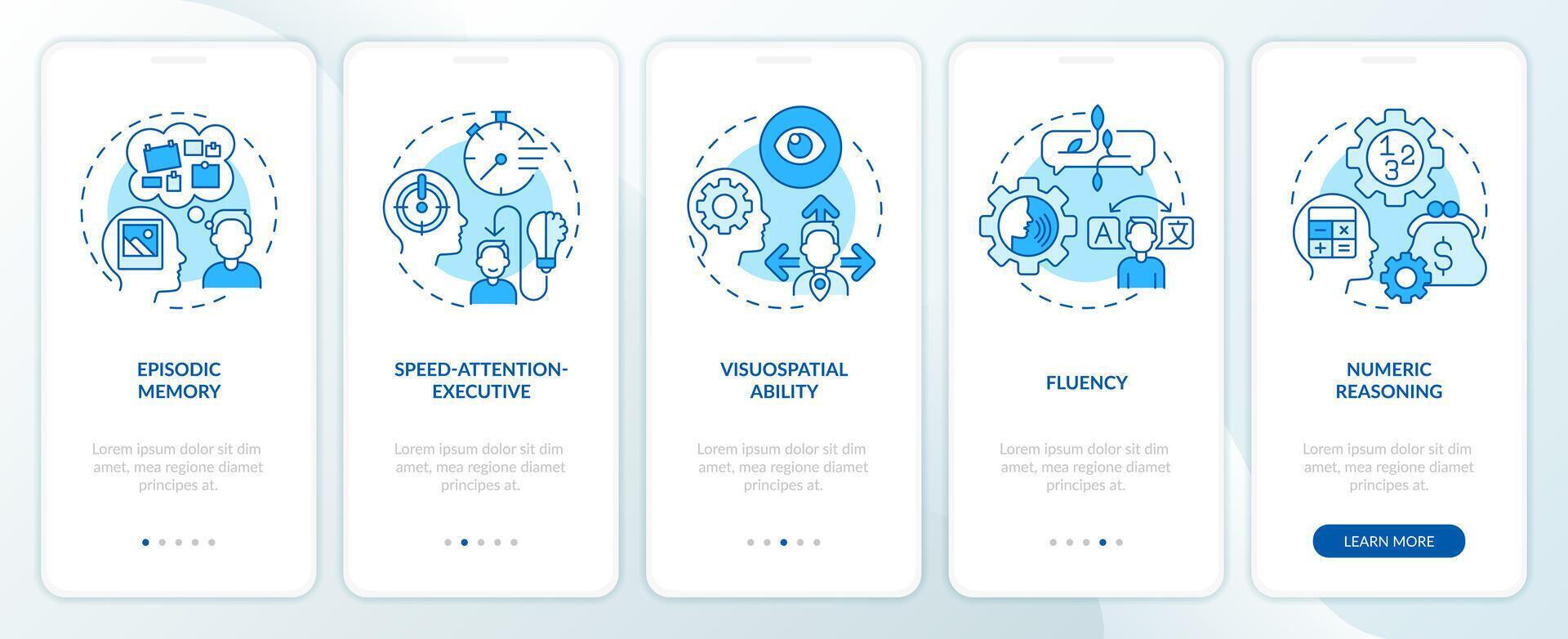 Domains of cognitive function blue onboarding mobile app screen. Walkthrough 5 steps editable ...