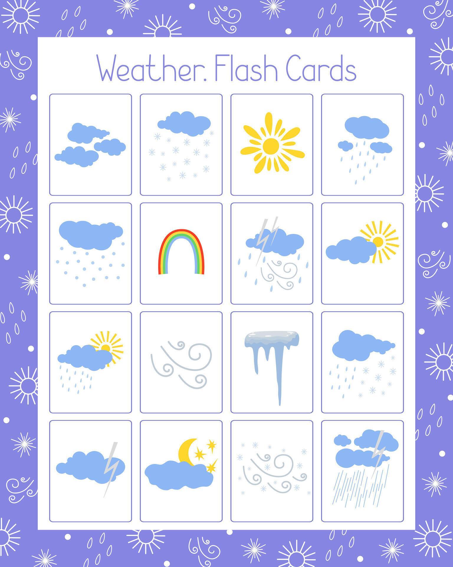 Weather flash cards topical vocabulary learning printable, educational ...