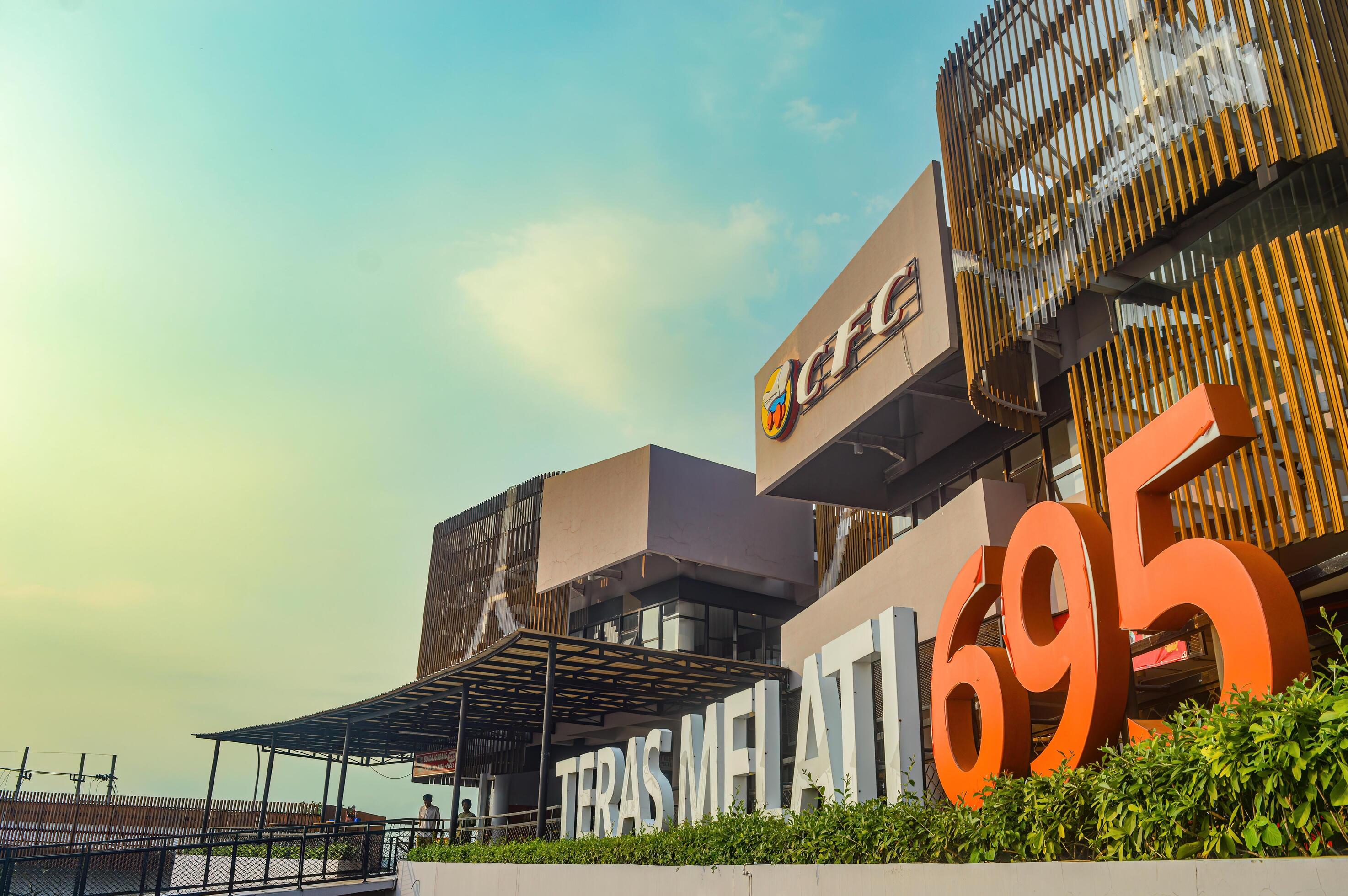 Rest area Teras Melati 695 on the Trans Java toll road, Jombang. Modern plaza building landscape ...