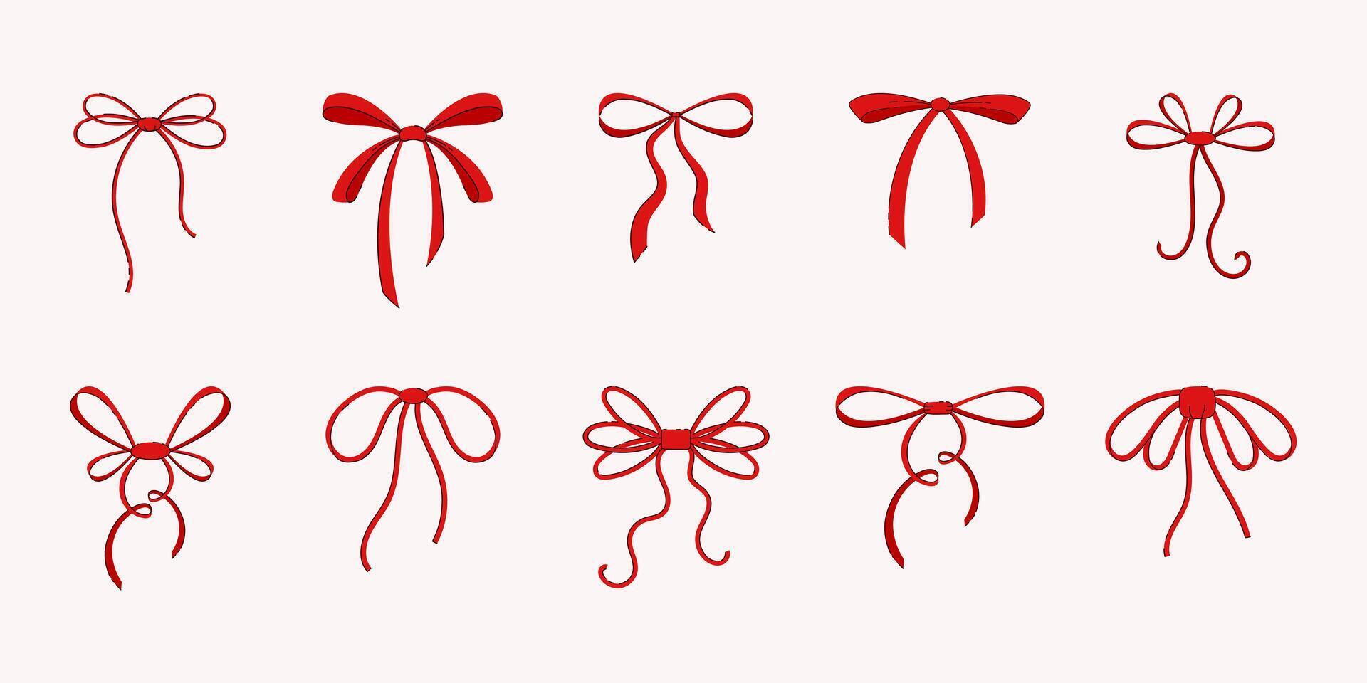 Set of red thin ribbon bow knots. Decoration elements. Various bows for ...