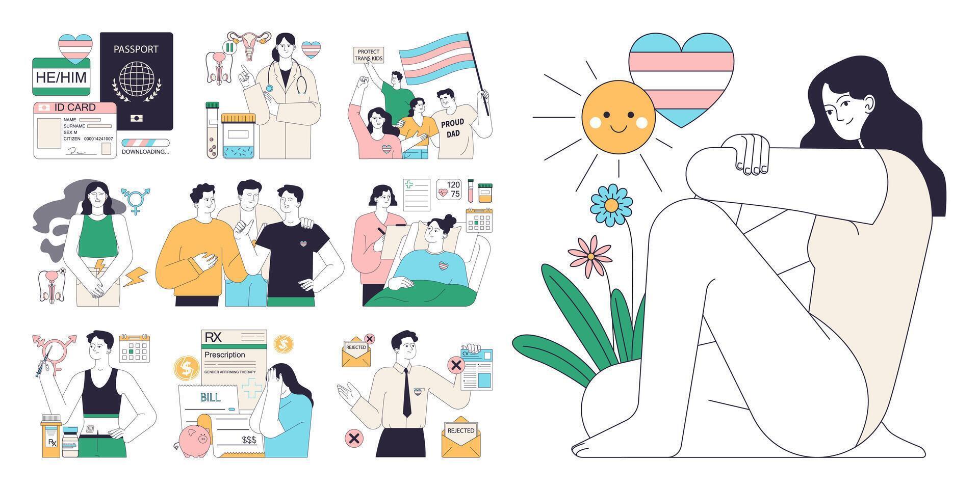 Gender transition consequences set. Gender-affirming therapy, positive ... Gender transition consequences set. Gender-affirming therapy, positive ...