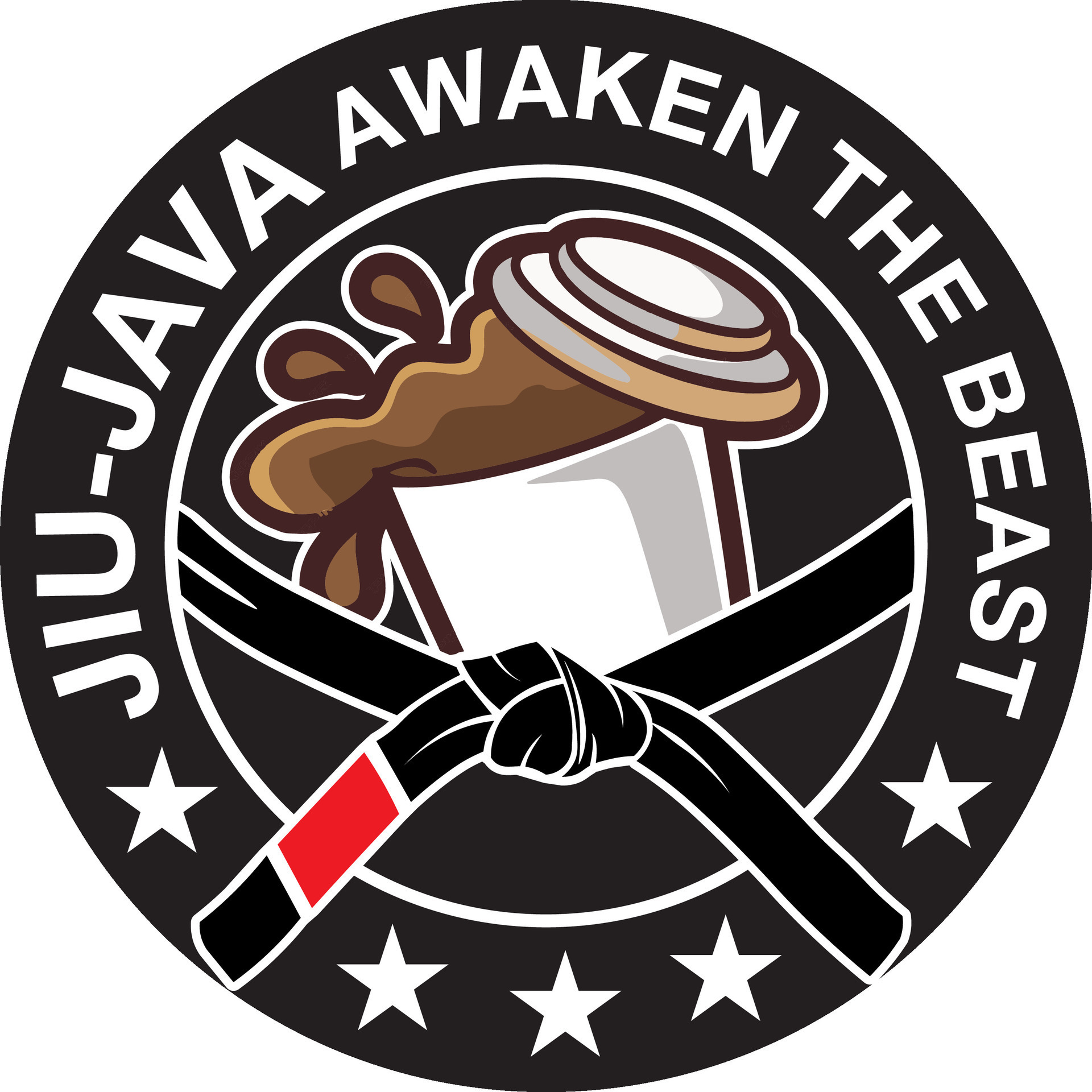Jiu-java Awaken the beast logo design, a black and white logo with a cup of coffee, martial arts ...