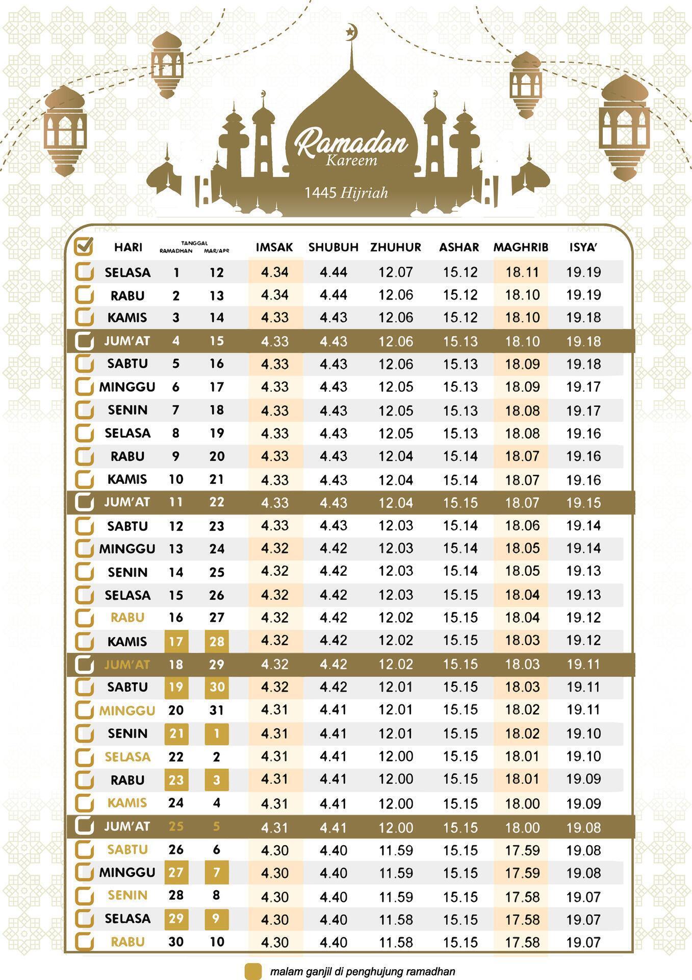 Jadwal Imsakiyah Islamic calendar Ramadan schedule 2024 1445 Hijr silhouette style gold gradient ...