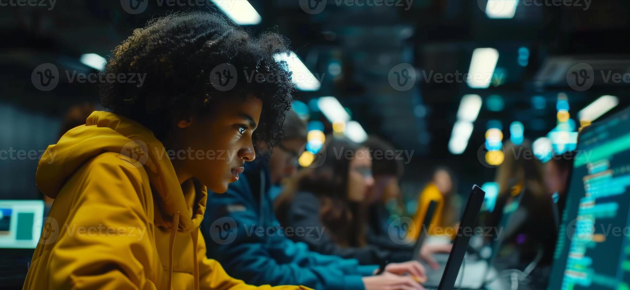 AI generated Online coding bootcamp, students program on laptops ...