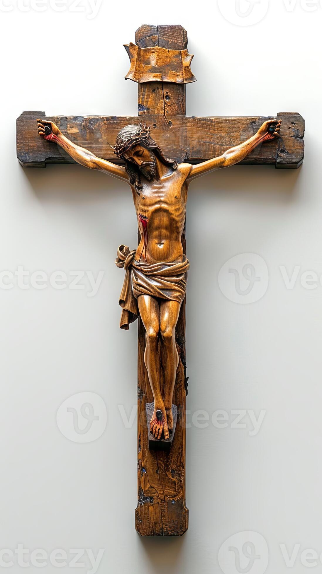 AI generated Crucified Jesus Christ, carved in wood. Sculpture of Christ on cross. Crucifix of ...
