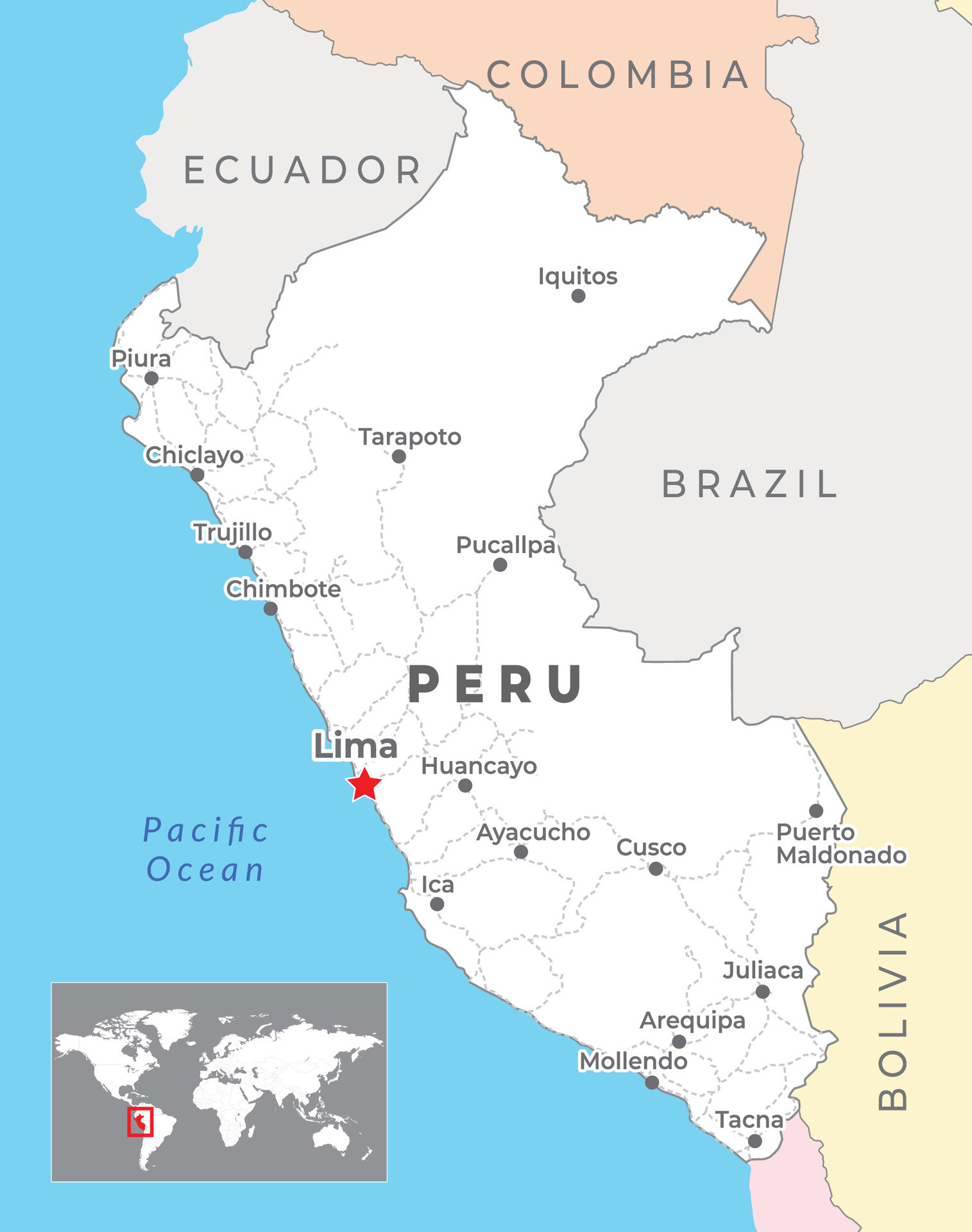 Perú mapa con capital lima, más importante ciudades y nacional fronteras 42594958 Vector en Vecteezy
