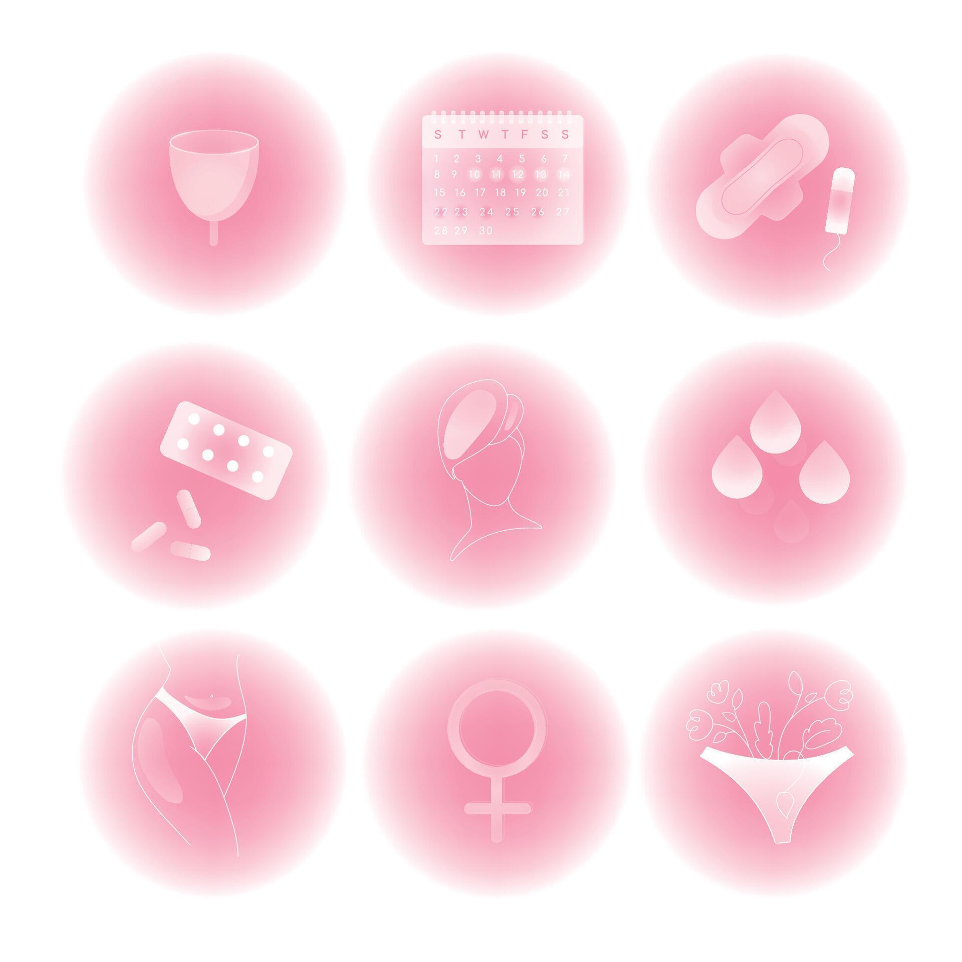 Menstruation And Feminine Hygiene Icon Set Monthly Menstrual Cycle