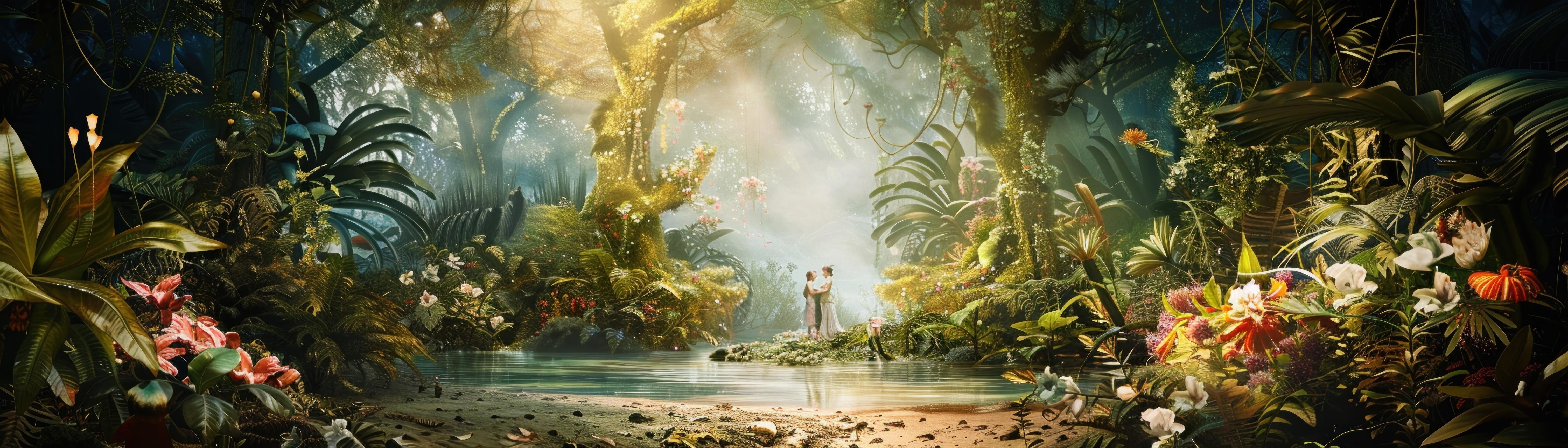 AI generated A Adam and Eve in the garden of Eden very beautiful garden with plants and flowers ...