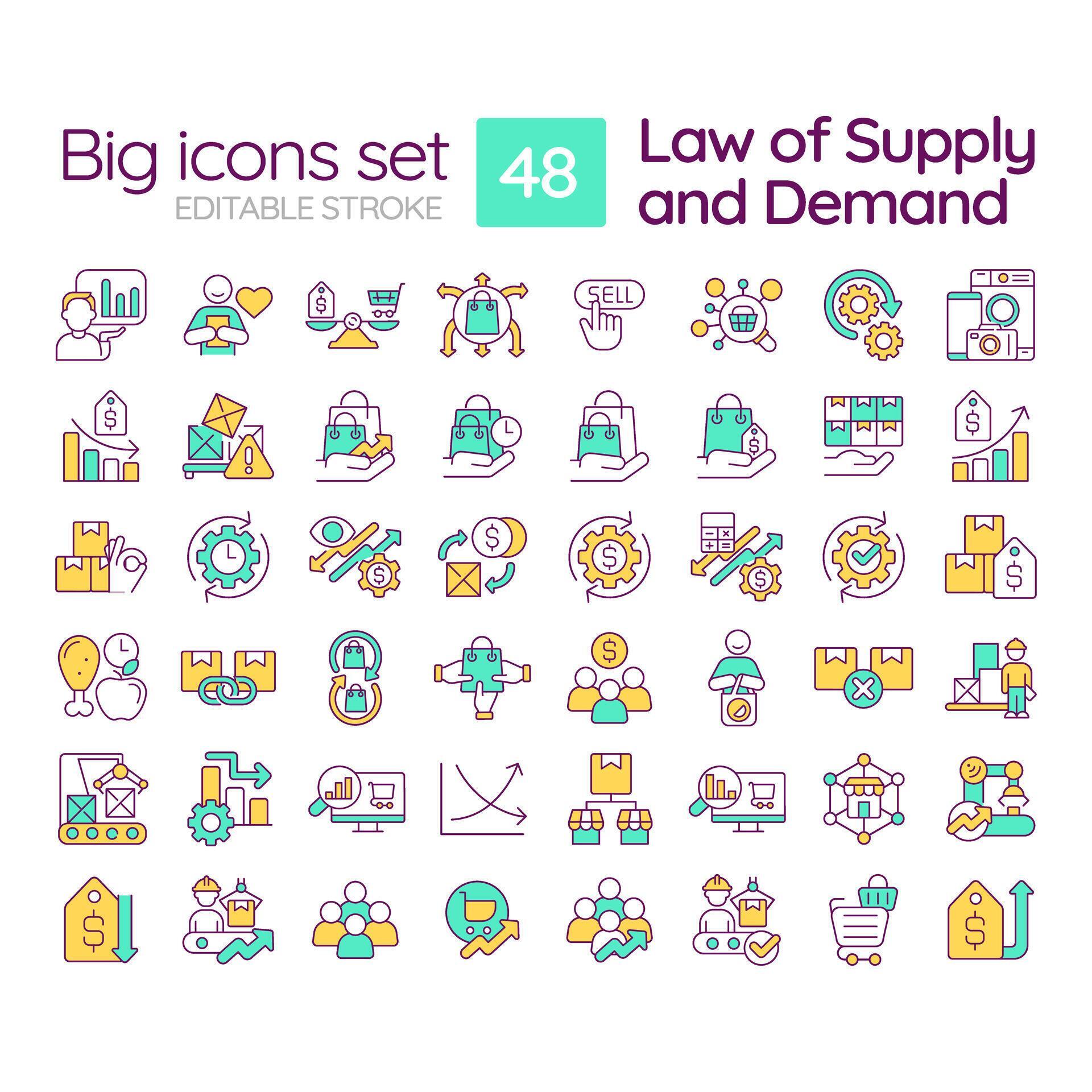 Law of supply and demand RGB color icons set. Price and quantity of ...
