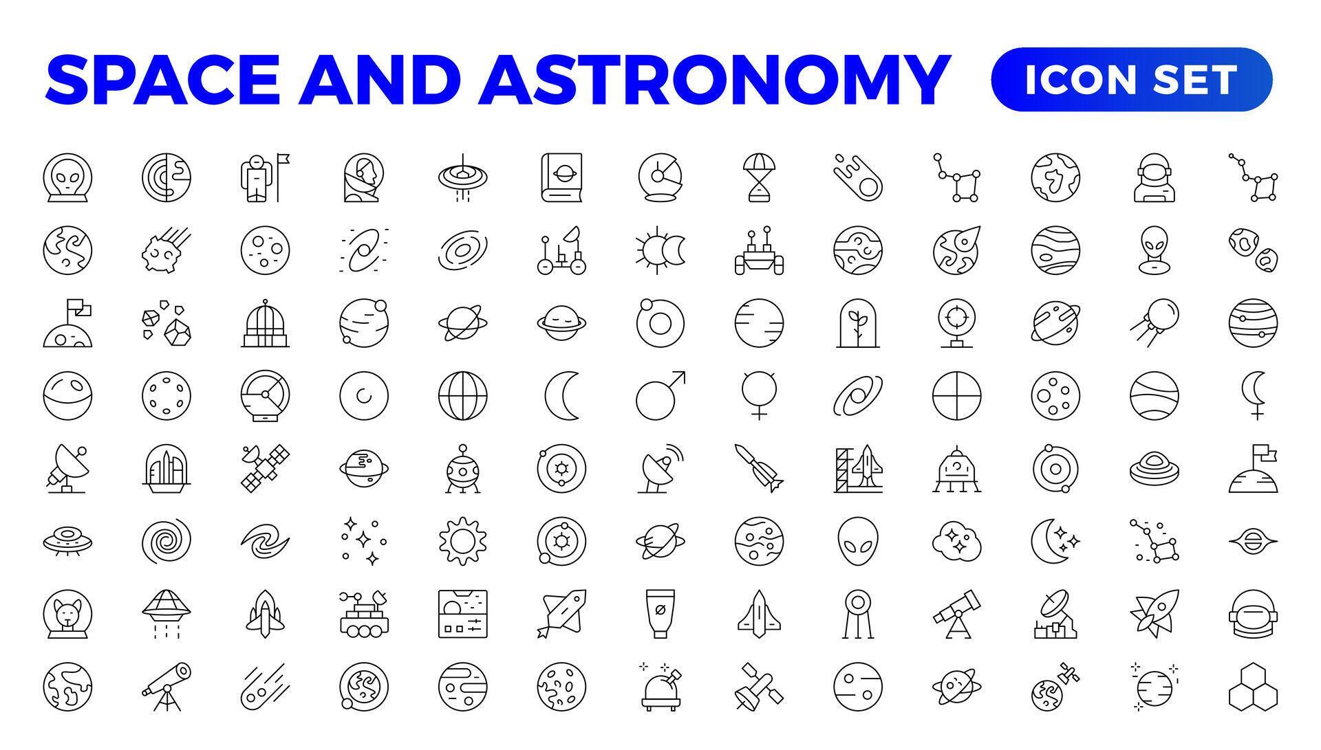 Astronomy Icon Set Containing Satellites The Universe Astronauts Rocket Comet Telescopes