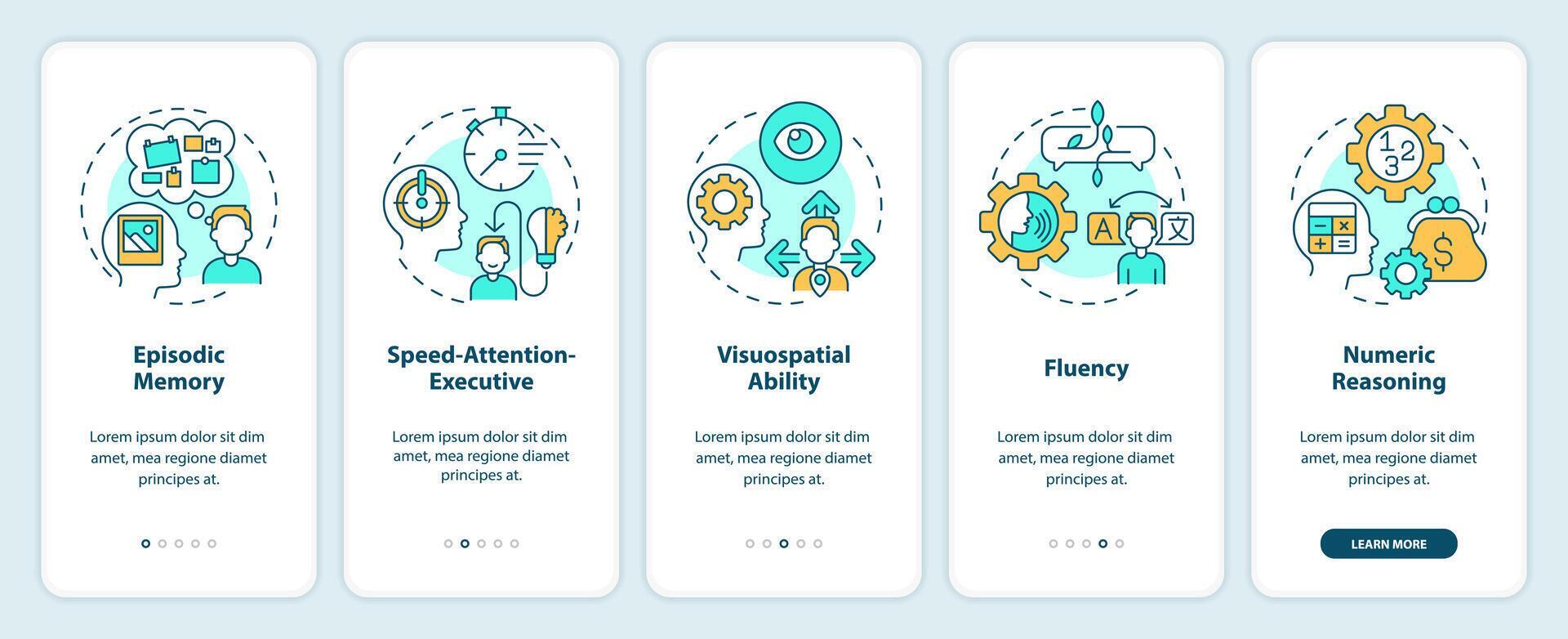 Domains of cognitive function onboarding mobile app screen. Walkthrough 5 steps editable graphic ...