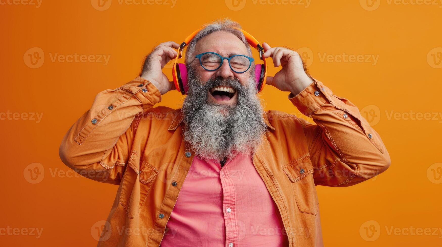 Ai Generated Happy Old Man Smiling In Headphones Positive Elderly Age
