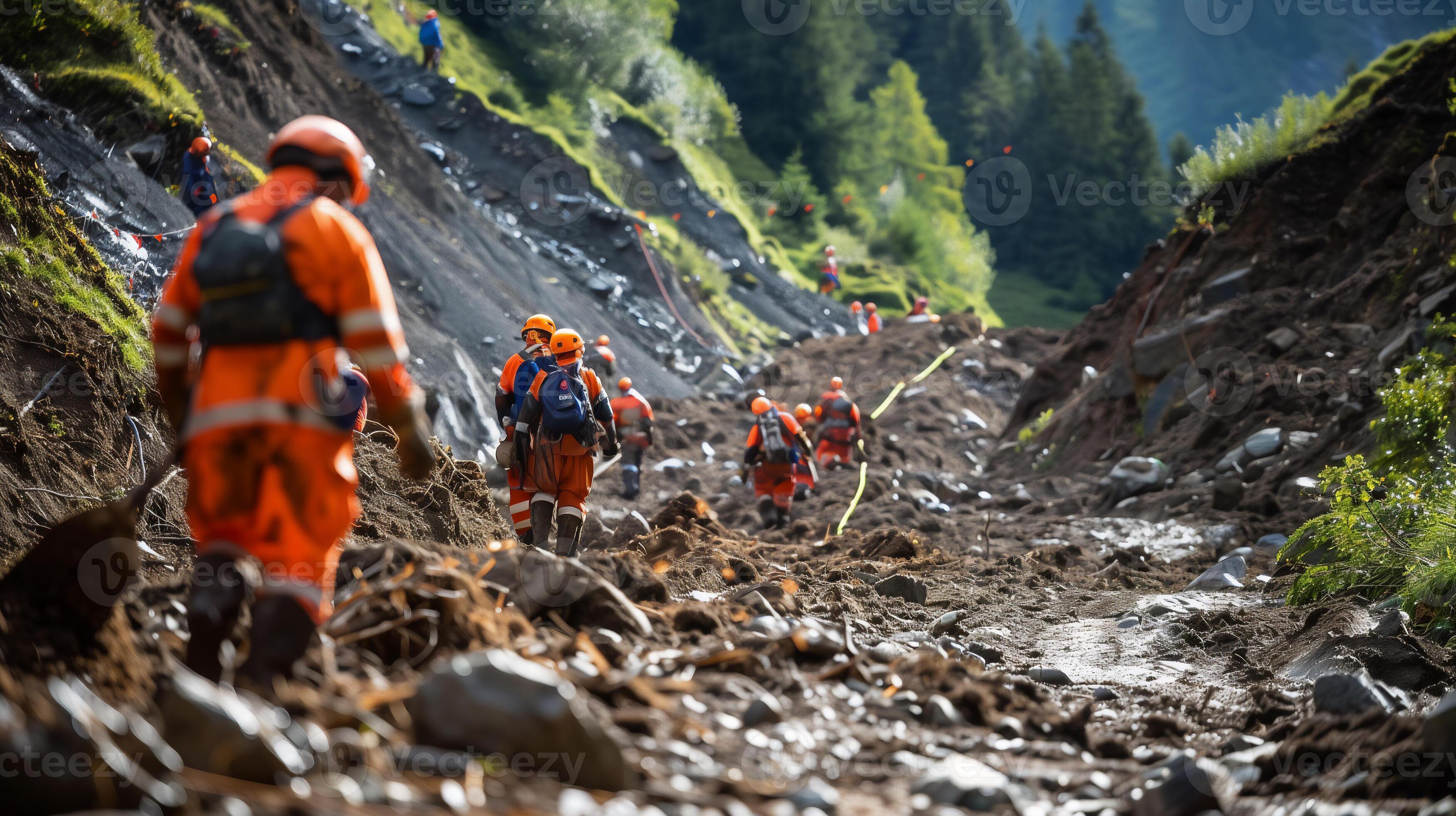 AI generated Rescue team in rescue operation from landslide situation .Searching for missing ...