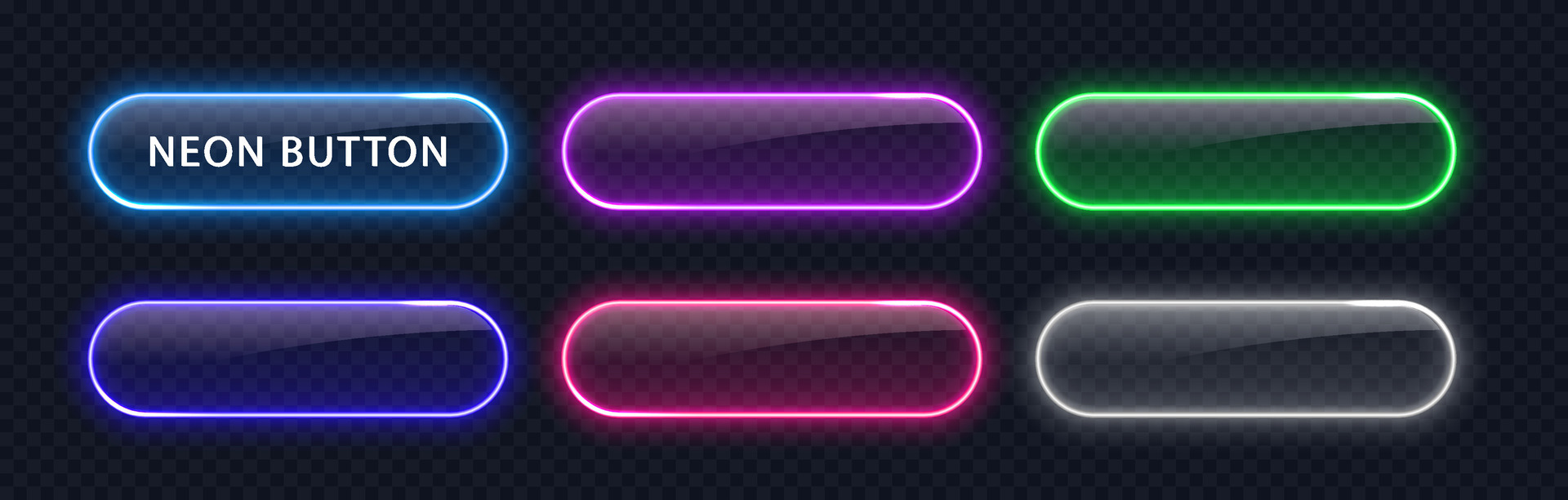 Neon button Realistic. Colorful glowing frames, borders, UI elements isolated on black ...
