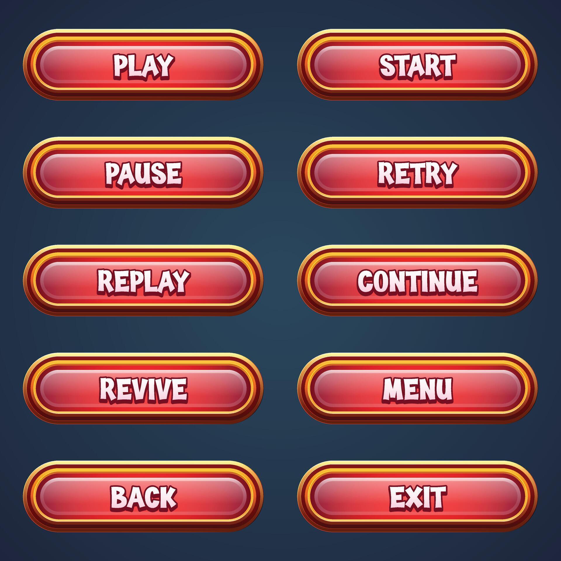 Set Of Red Game Buttons For Mobile Games With Editable Text Effect Gui To Build 2d Games