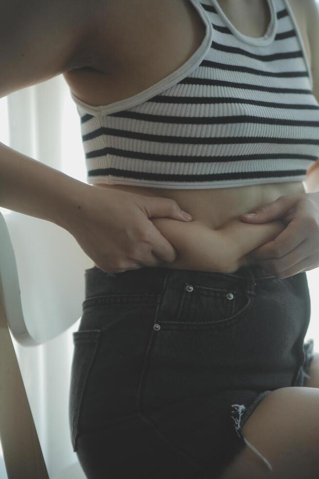Women Body Fat Belly Obese Woman Hand Holding Excessive Belly Fat Diet Lifestyle Concept To
