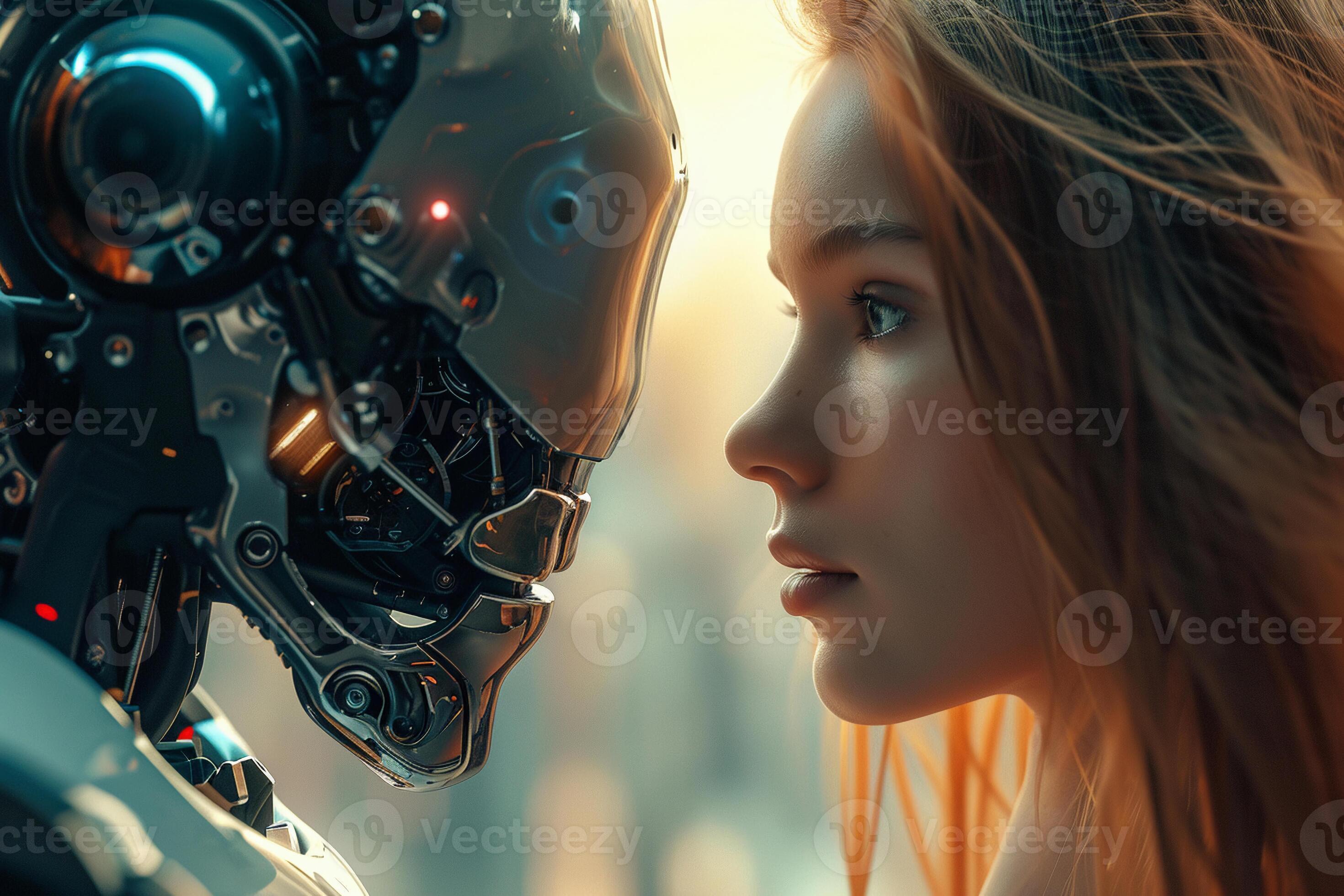 AI generated Human and Robot Face-to-Face, Future Technology Concept ...
