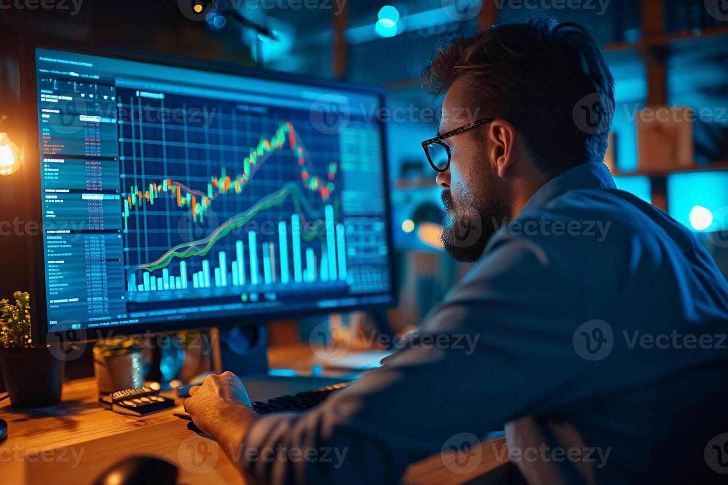 AI generated Trader Analyzing Stock Market Data on Multiple Computer ... AI generated Trader Analyzing Stock Market Data on Multiple Computer ...