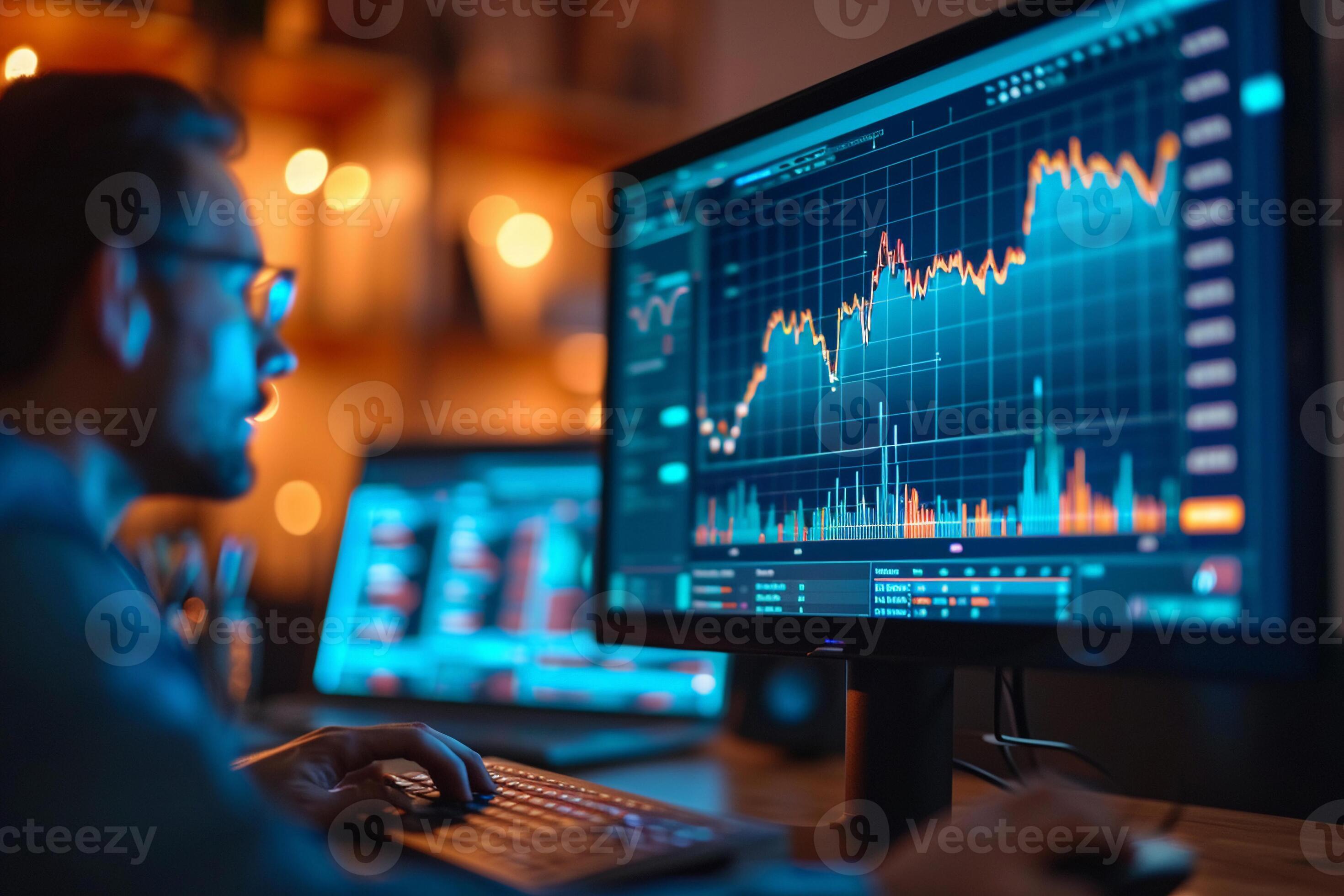 Ai Generated Trader Analyzing Stock Market Data On Multiple Computer Screens 42653066 Stock