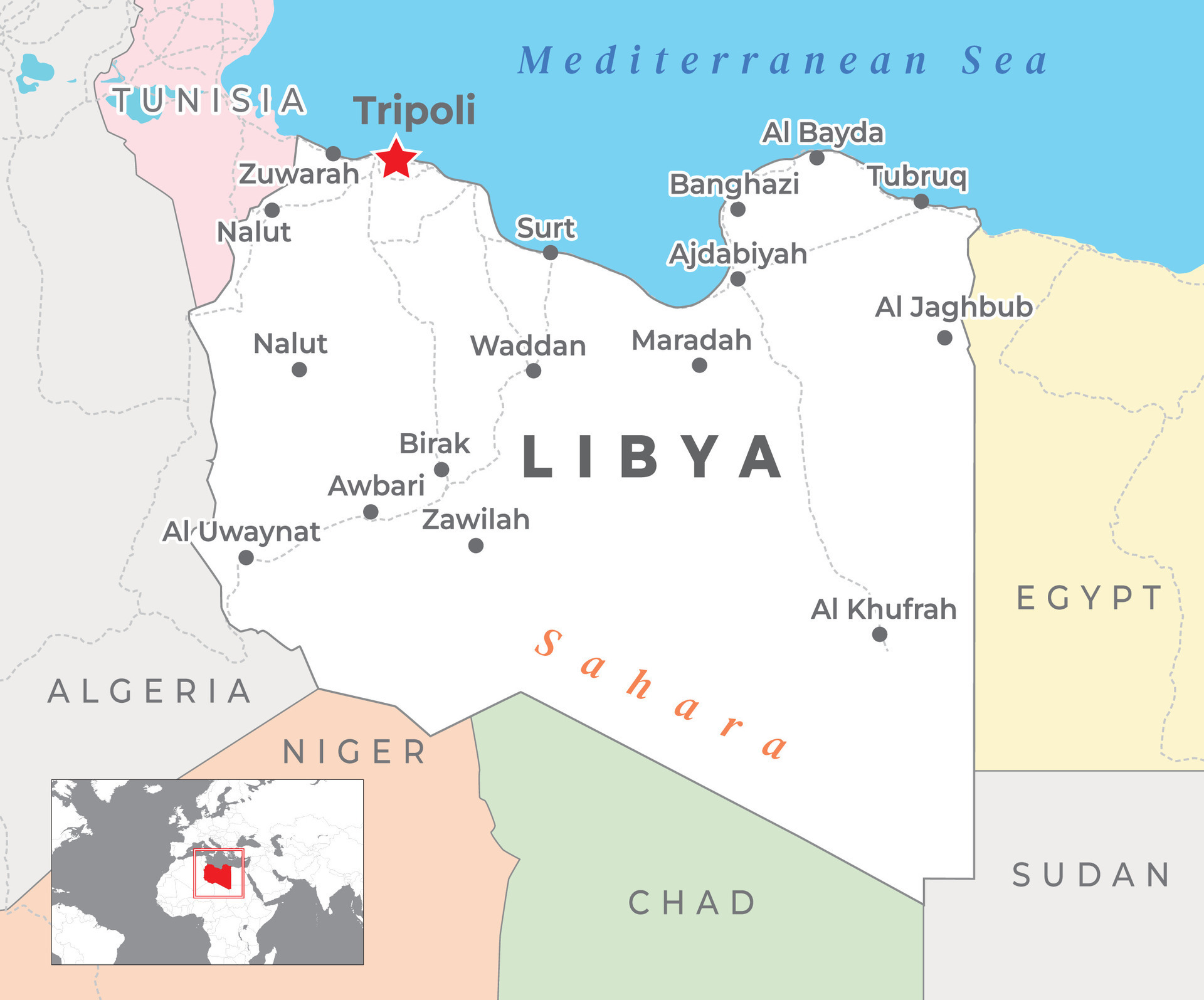 Libya Political Map with capital Tripoli, most important cities with national borders 42656693 ...