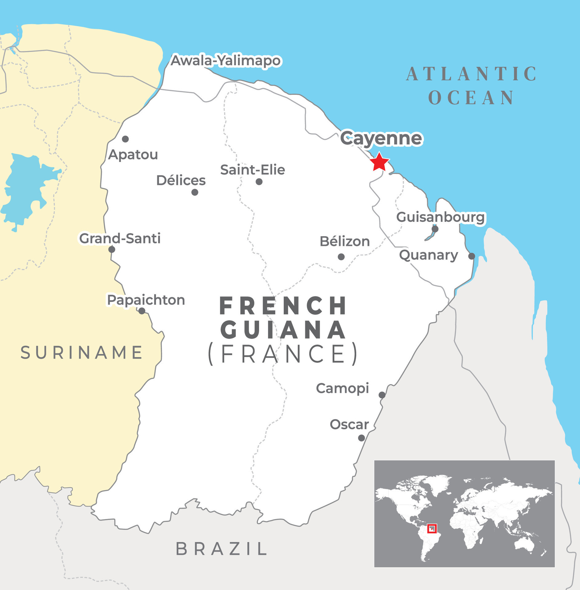 French Guiana Political Map With Capital Cayenne Most Important Cities With National Borders