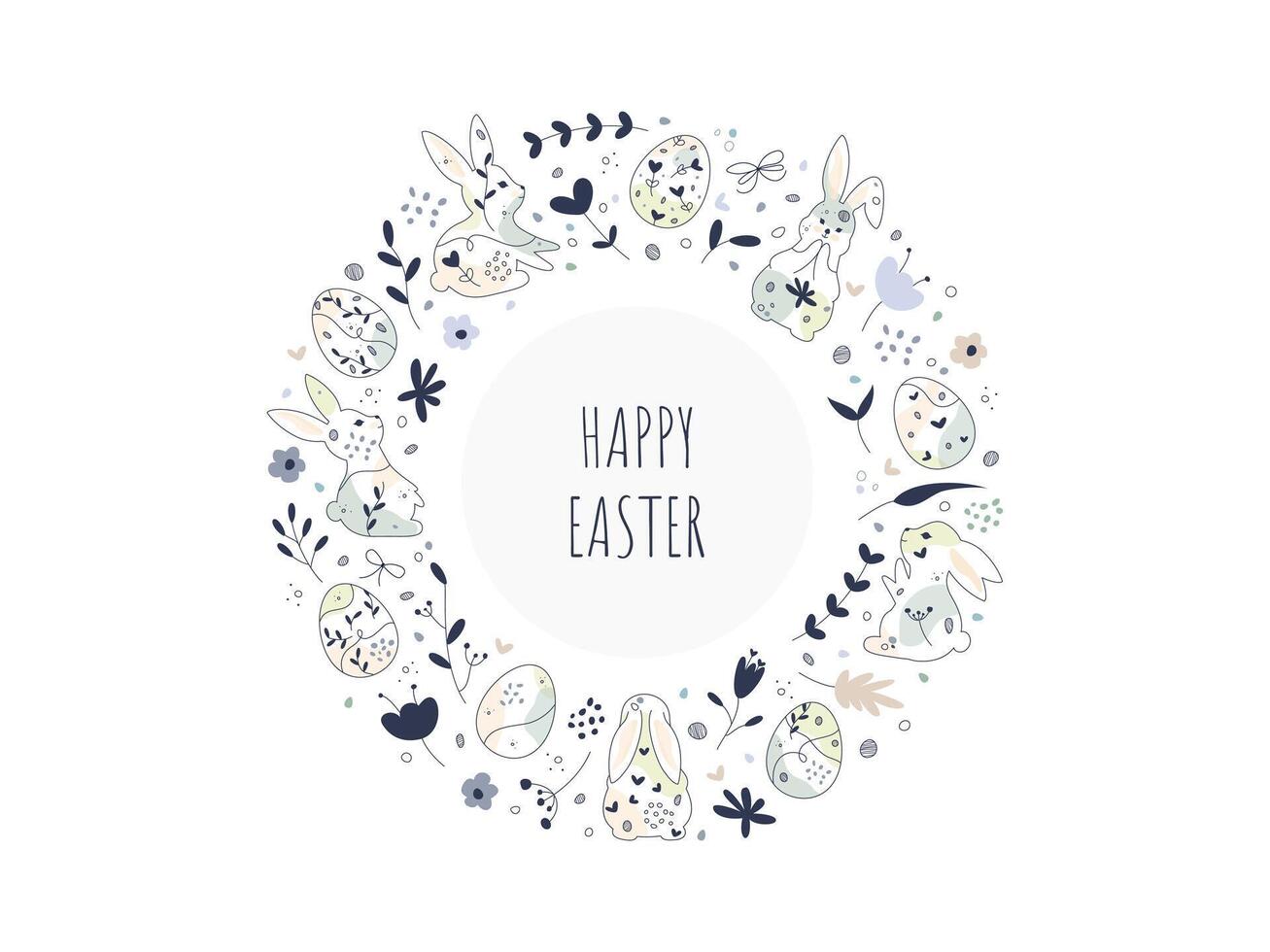 Happy Easter Doodle Frame. Hand drawn Easter eggs and bunnies with ...