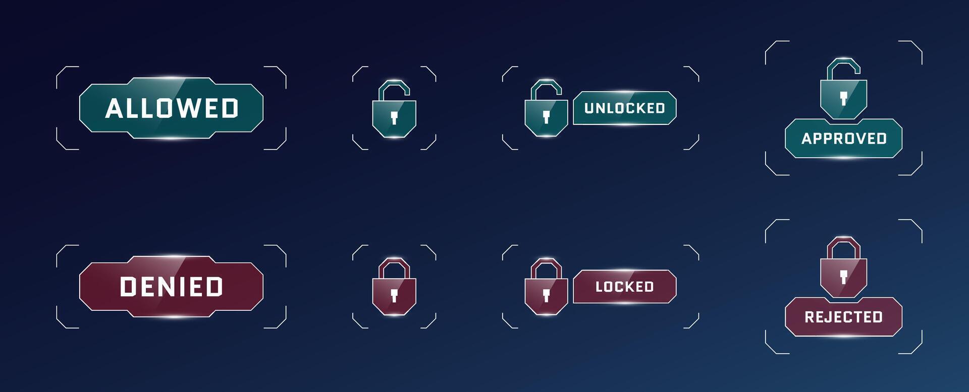 HUD digital futuristic user access allowed and denied button set. Account verification entry ...