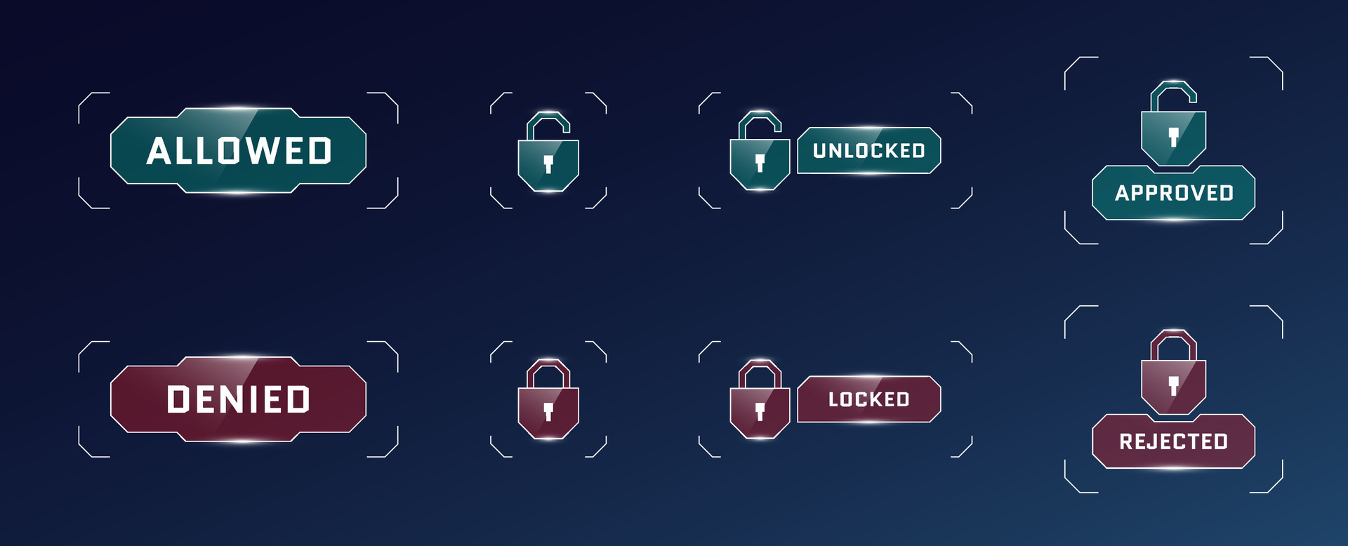 HUD digital futuristic user access allowed and denied button set. Account verification entry ...