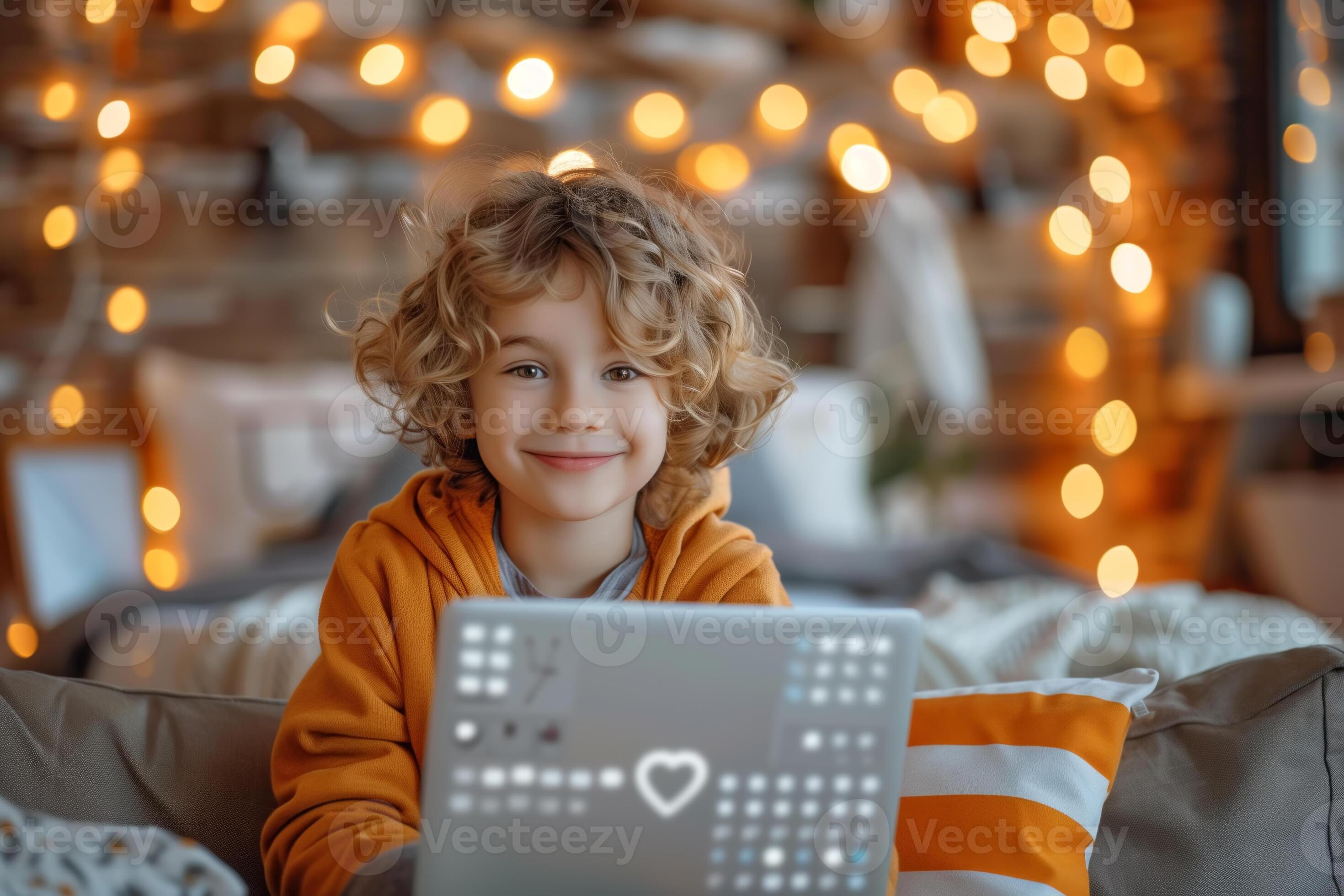 AI generated Boy sitting on sofa in living room with laptop, smiling ...