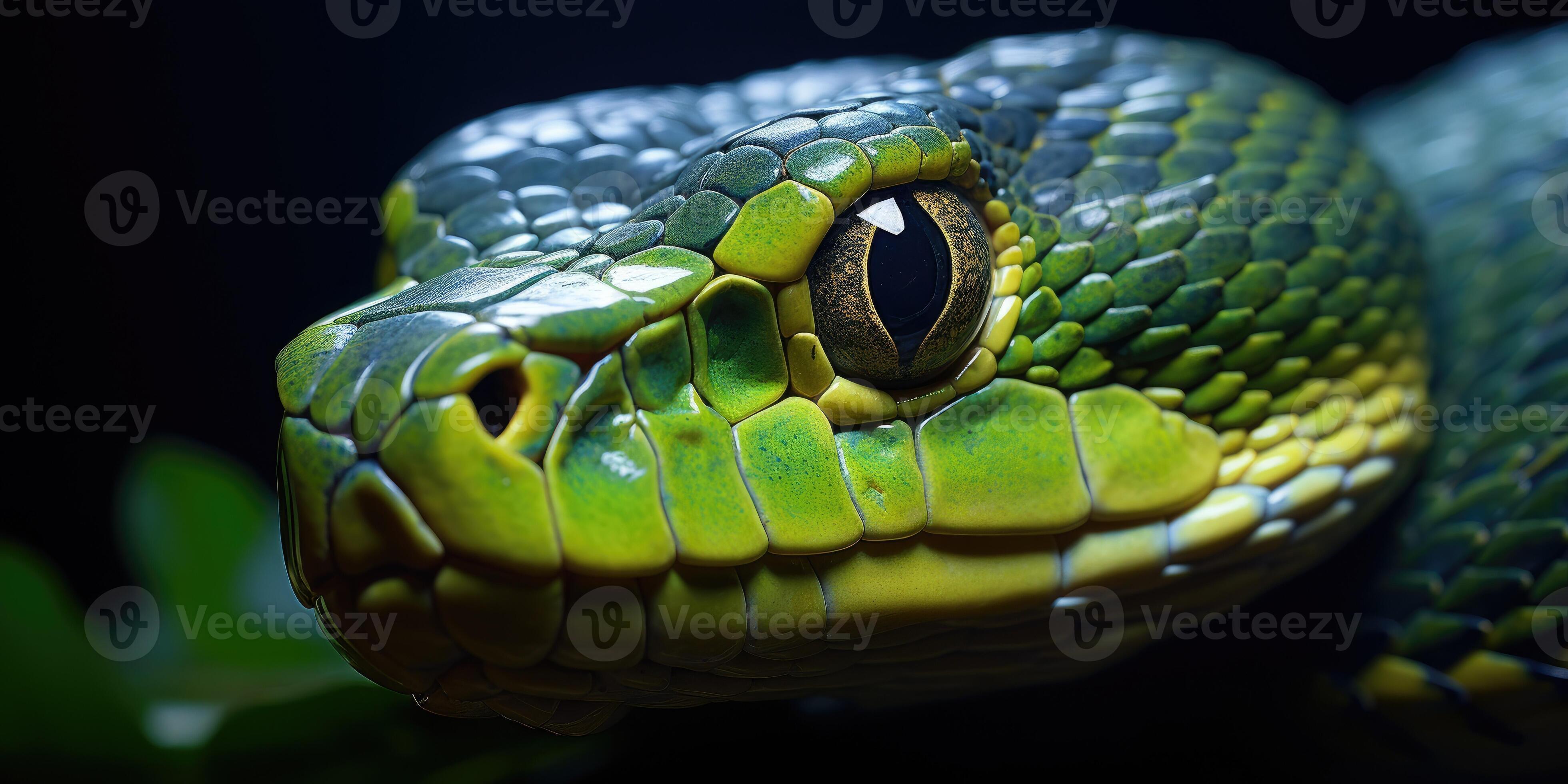 AI generated Face of a blue-green snake close-up, head of viper snake ...