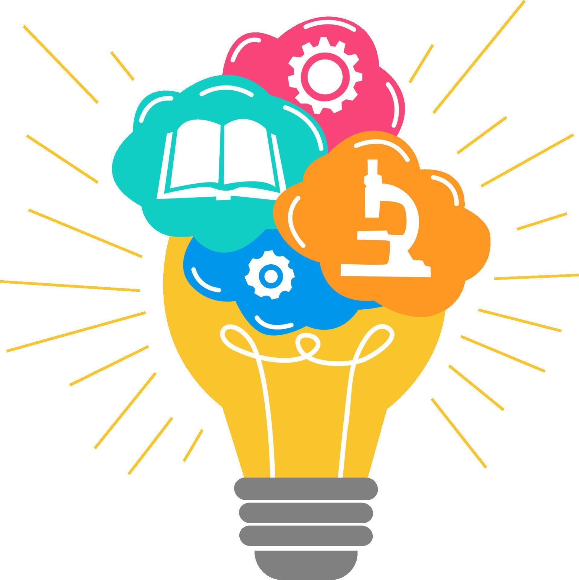 illustration of a light bulb with icons of books, science, and a ...