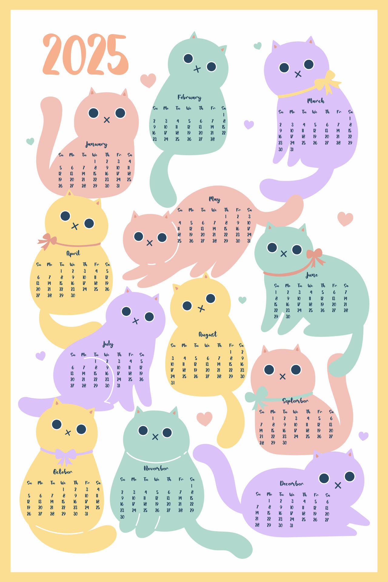 One page 2025 calendar with cute cats. graphics 42675528 Vector Art at ...