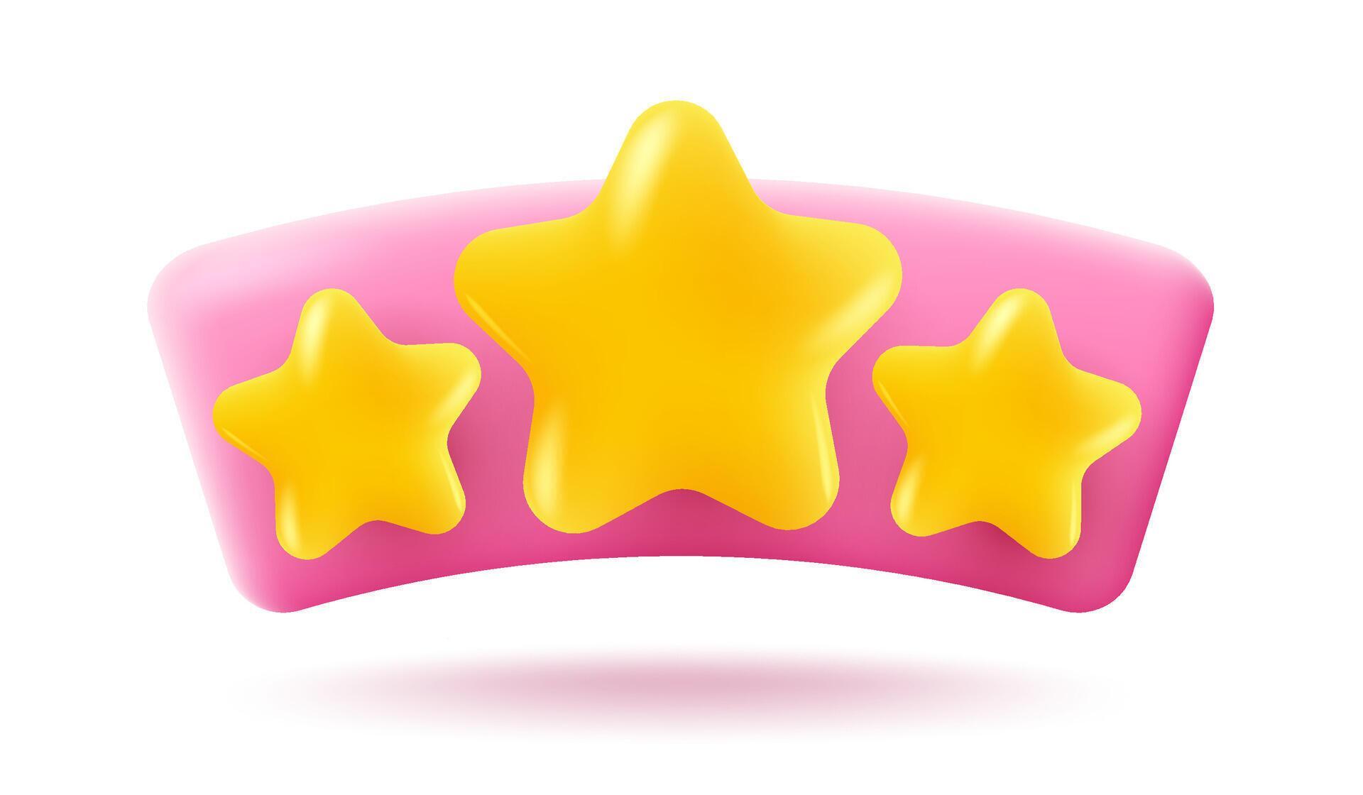 icons of three yellow stars on pink banner. Achievements for games or customer rating feedback ...