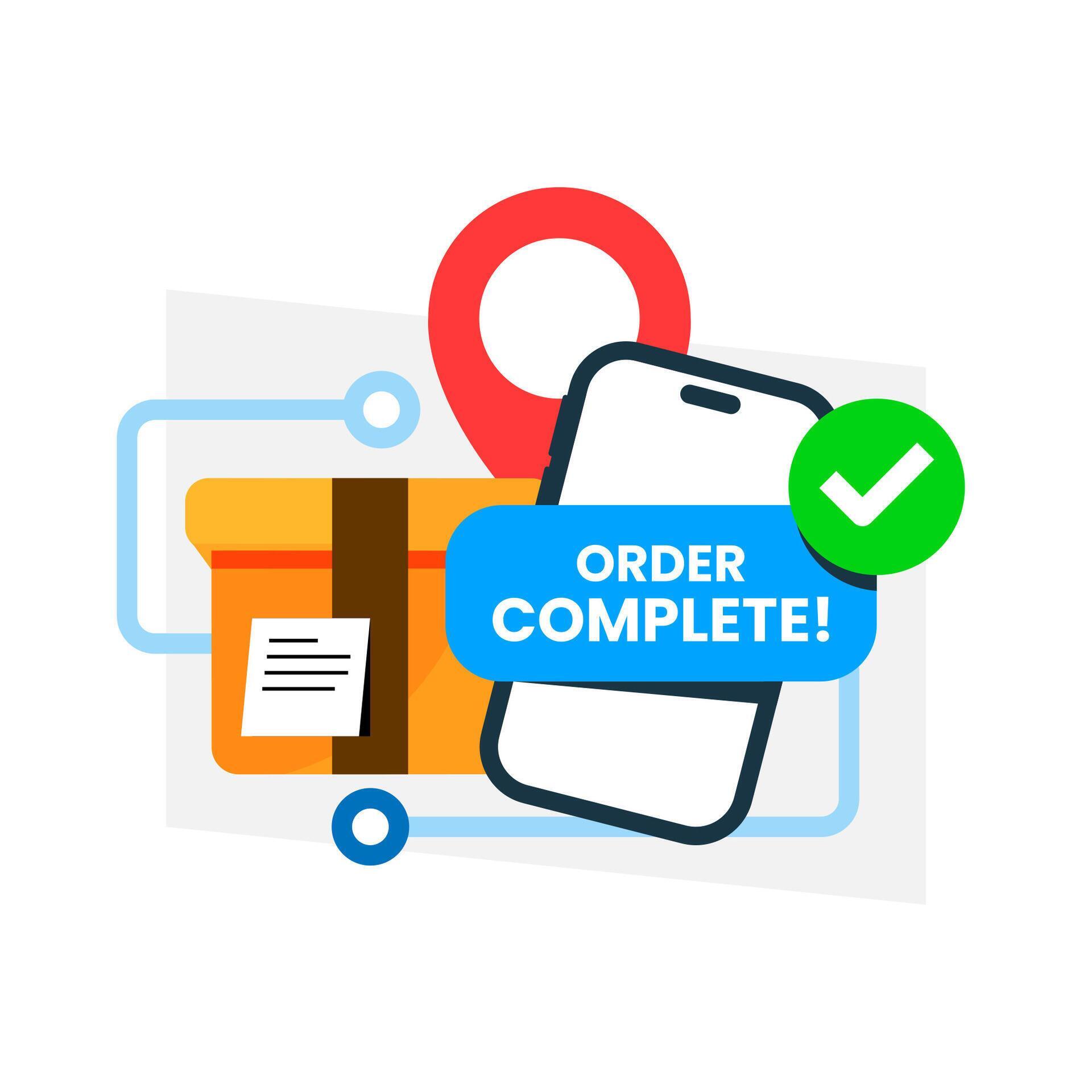 order completed. package order via mobile app service, successfully ...