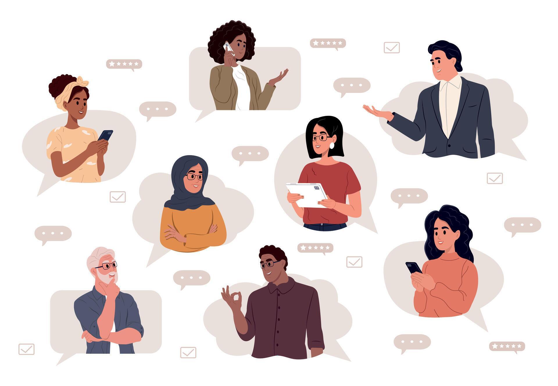 Group conversation or communication dialogue, business people discuss ...