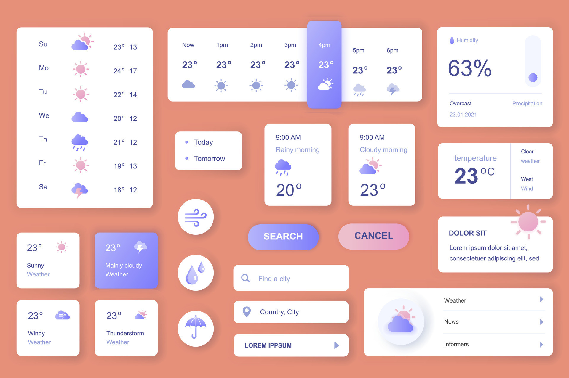 User Interface Elements Set For Weather Mobile App Or Web Kit Template