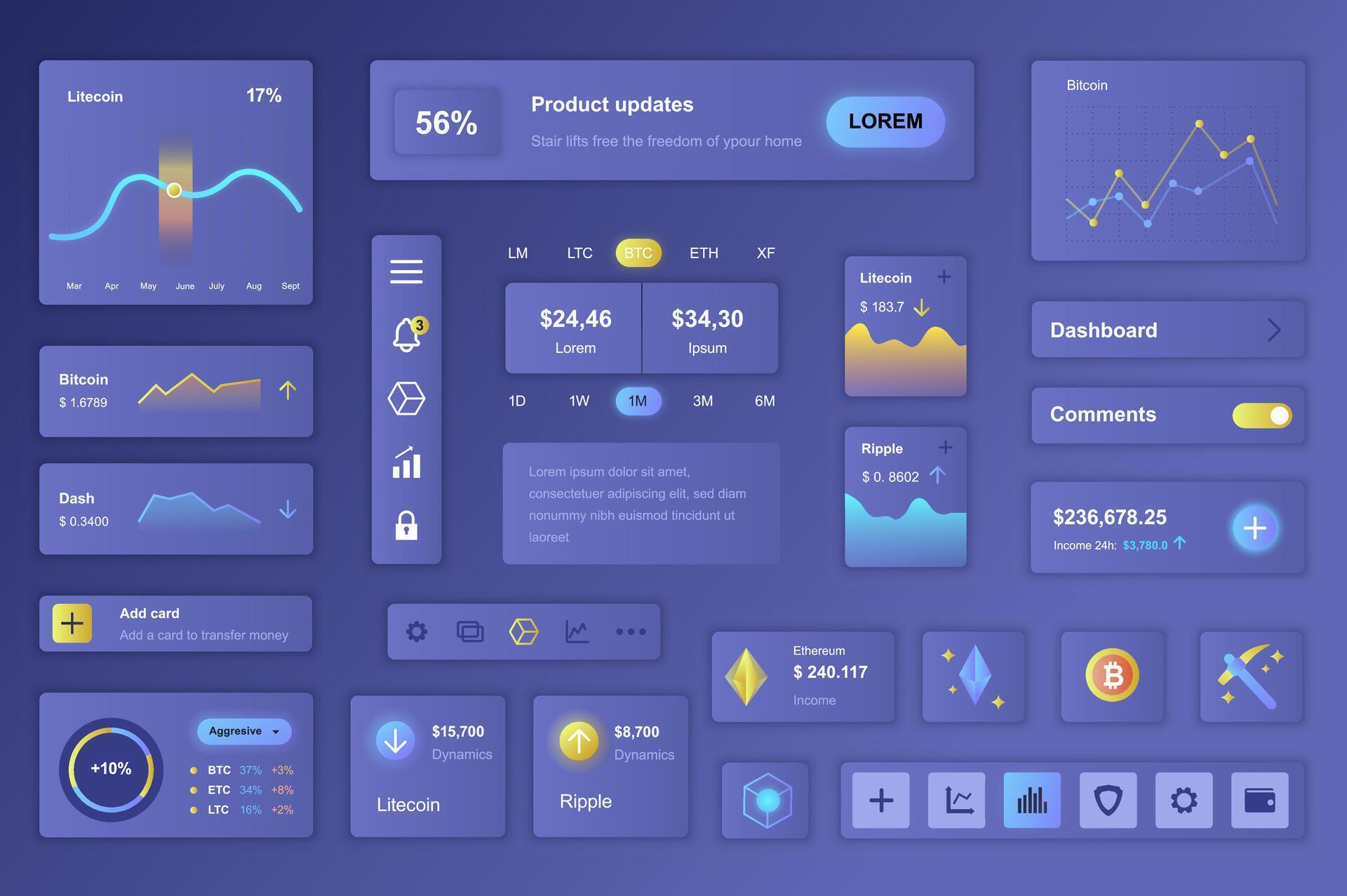 User Interface Elements Set For Cryptocurrency Mobile App Or Web Kit Template With Hud Finance