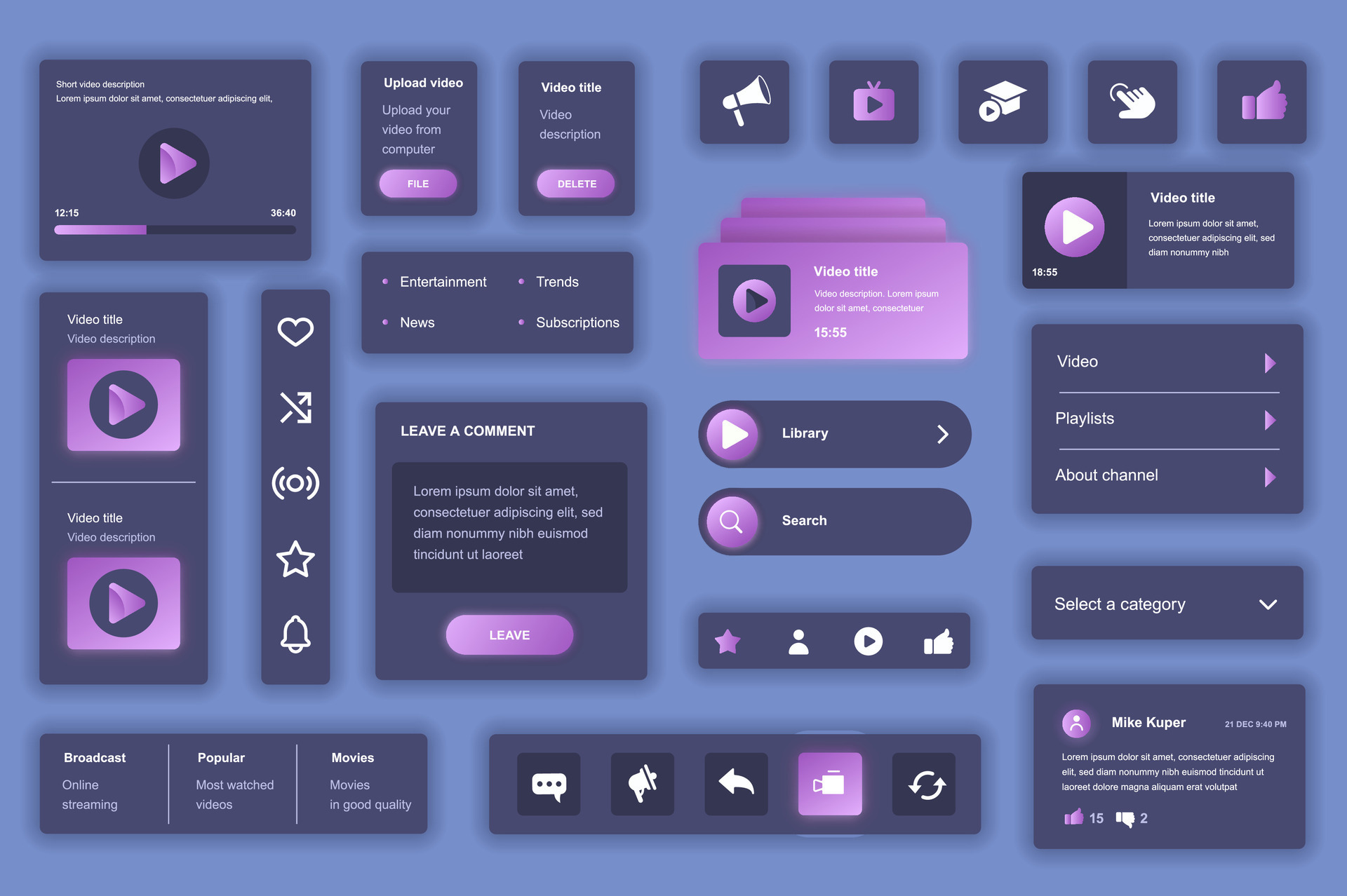 User Interface Elements Set For Tube Mobile App Or Web Kit Template With Hud Player Navigation