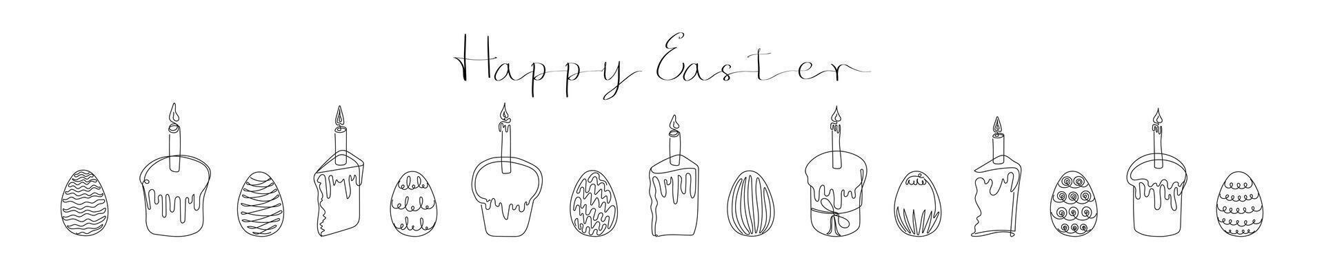 Set of Easter Kulich cakes with lit candles and painted eggs. Happy Easter greeting. Continuous ...