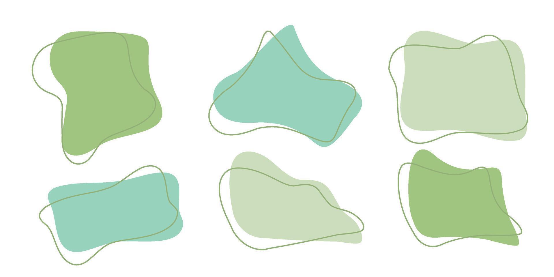 Set of organic irregular blob shapes with stroke line. Green gray random deform spot fluid ...