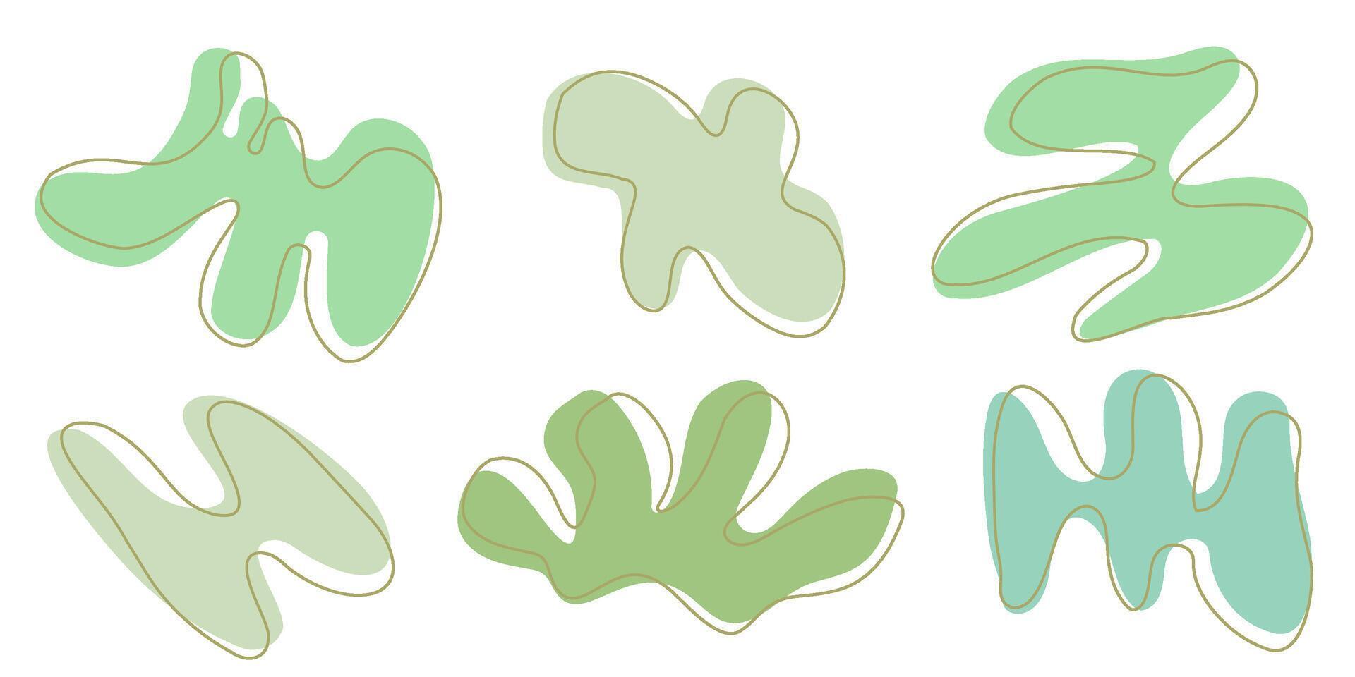 Set Of Organic Irregular Blob Shapes With Stroke Line Green Gray Random Deform Spot Fluid