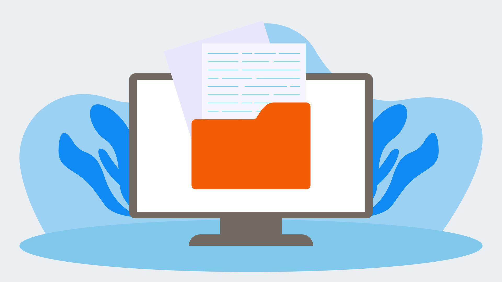 Open folder document with computer screen. Document efficient work ...